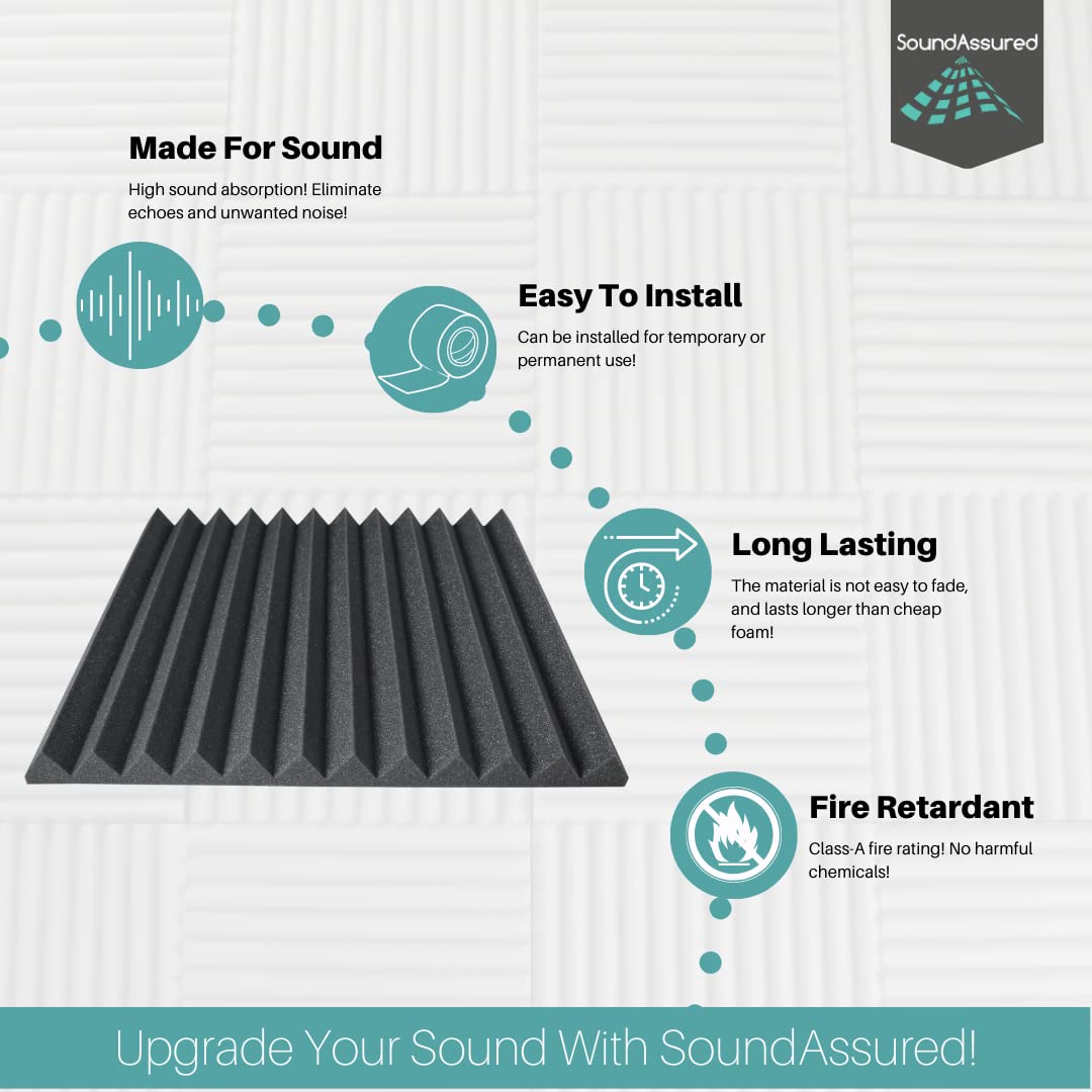 Soundproofing Acoustic Studio Foam - Wedge Style Panels - 12"x12"x1" Tiles - 6 Pack - DIY Acoustic Treatment for Recording Studio, Podcasting, Voice Over Vocal Booths, and More