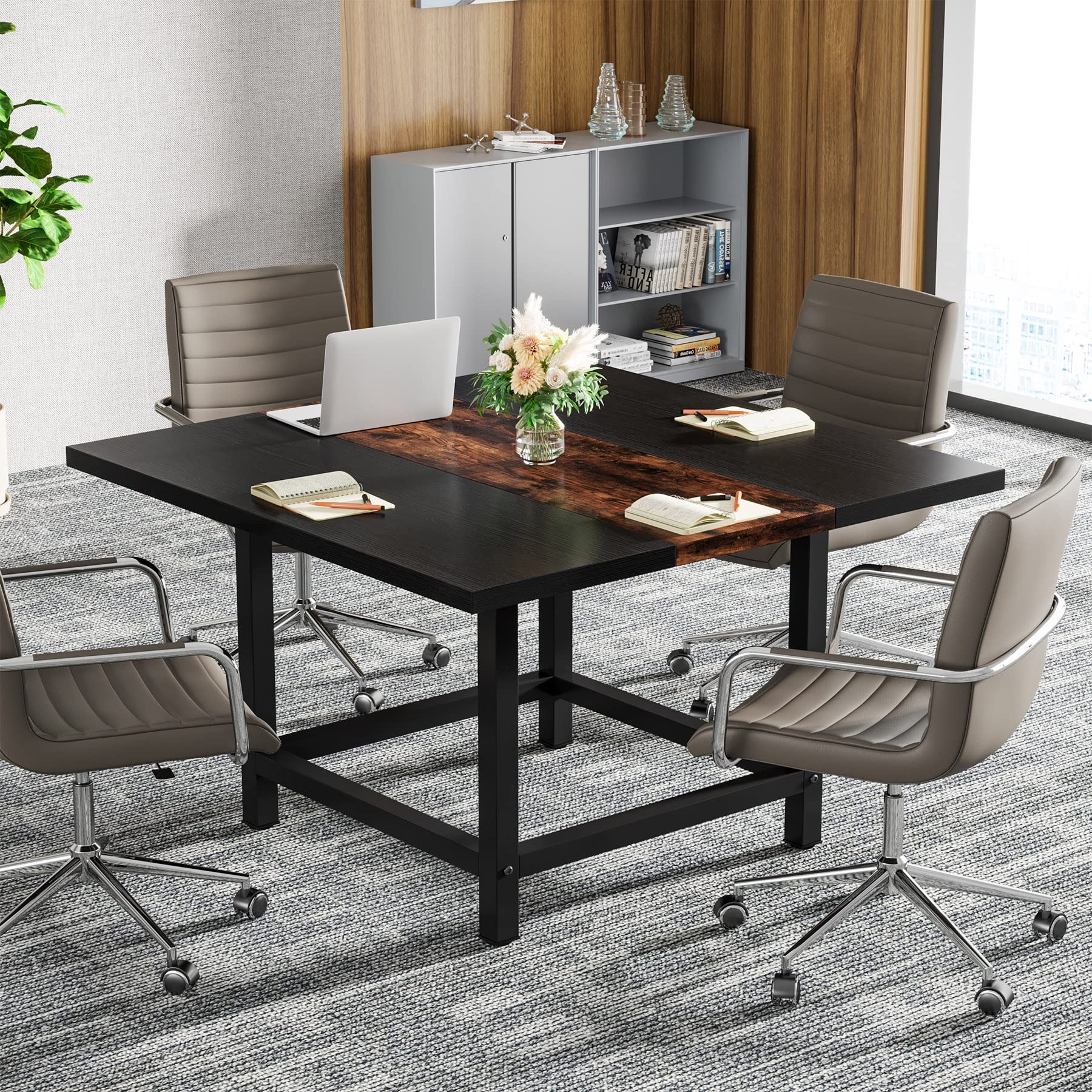 Tribesigns 6.5 Ft Conference Room Table, Rustic Rectangle 78.74L X 39.2W X 29.52H Inches Wood Seminar Table for Office, Conference Room,2 Tables (Chair not Included) (Rustic&black) (2, Dark Oak&White)
