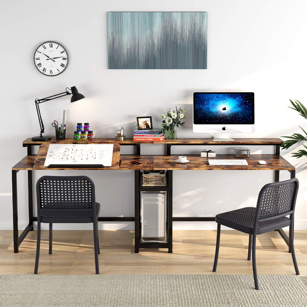 TIYASE 78.7 inch Double Computer Desk with Storage Shelves, Extra Long Two Person Desk with Hutch, Double Workstation Home Office Desk Writing Table with Tiltable Tabletop and Monitor Stand(Rustic)