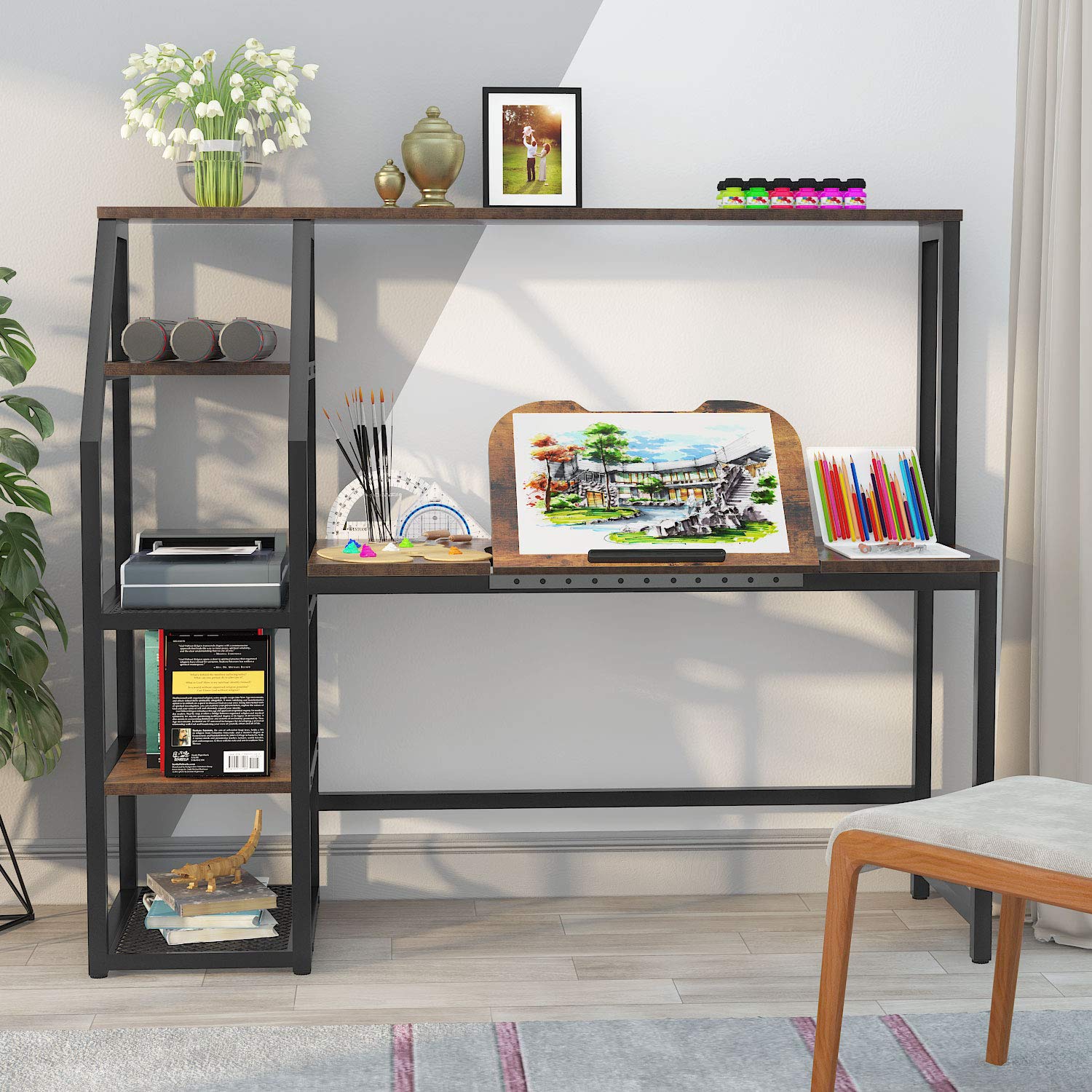 Tribesigns Computer Desk with 5-Tiers Storage Shelves, 57 inches Office Desk PC Study Writing Desk Drafting Table with Hutch & Tiltable Drawing Board for Home Office Use (Rustic Brown)