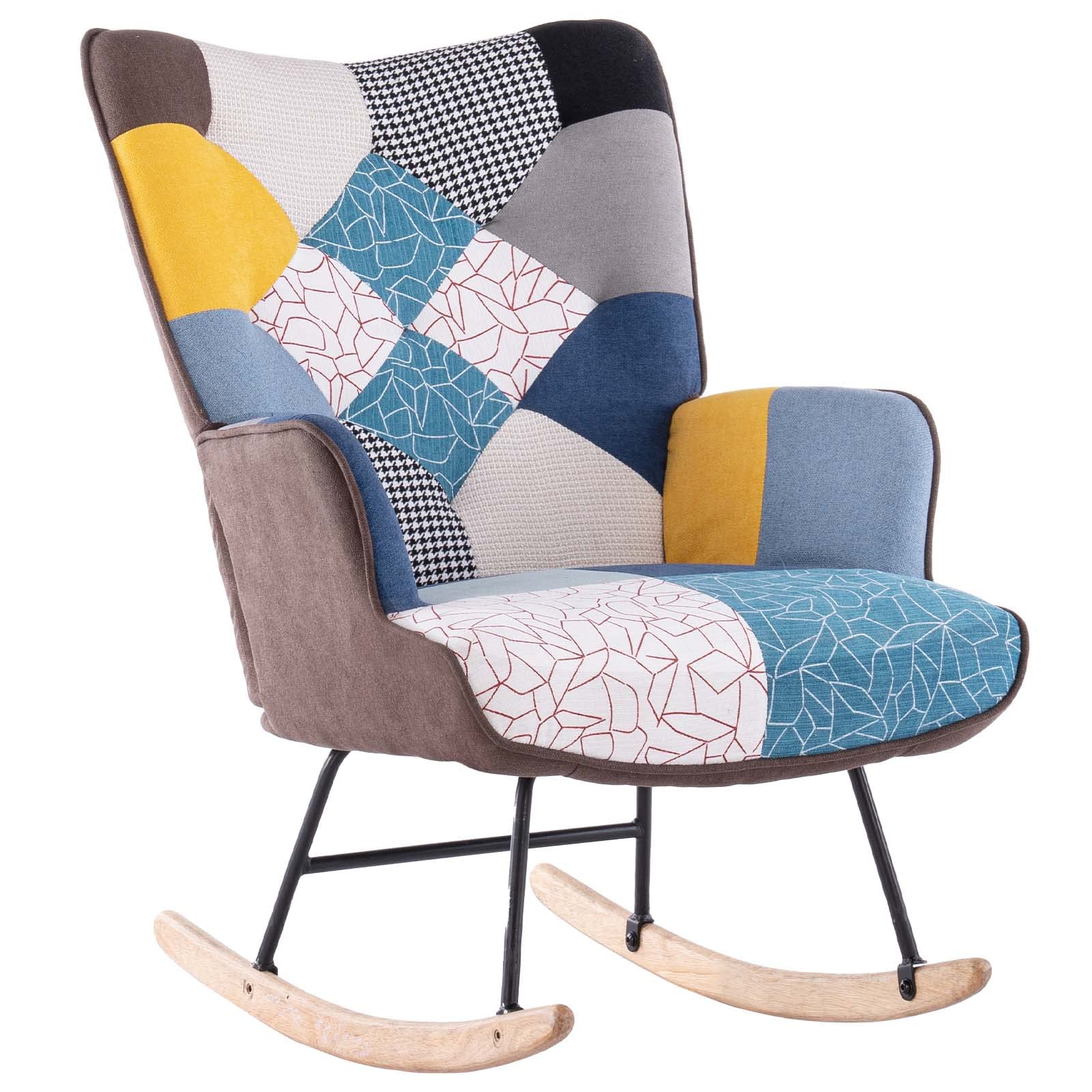 RichFire Rocking Chair, Tufted Upholstered Rocking Chair for Nursery, Comfy Wingback Glider Rocker with Safe Solid Wood Base for Living Room Bedroom Balcony (Patchwork A)