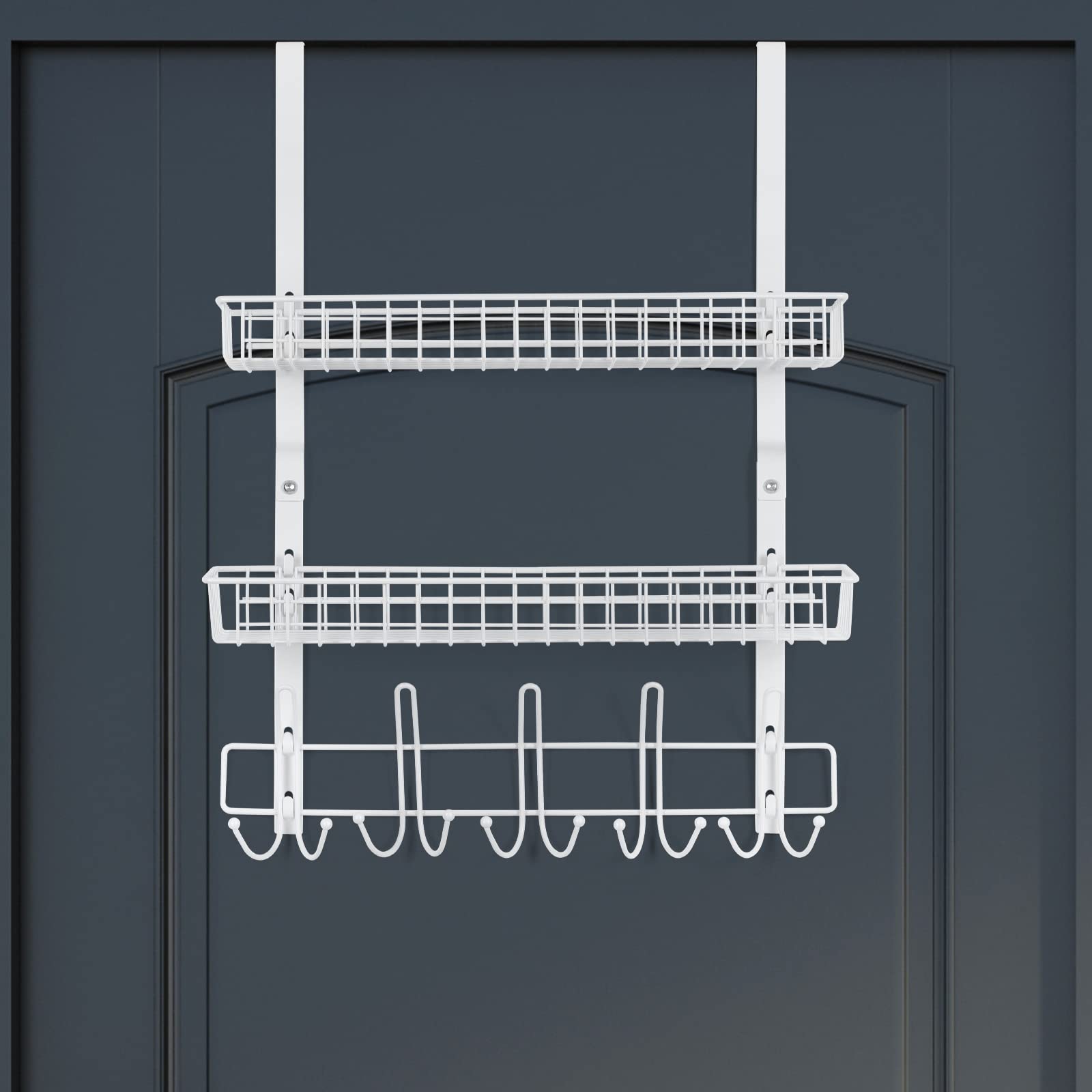 smusei Over The Door Hooks Hanger White, Door Organizer Towel Rack with 10 Hooks & 2 Mesh Baskets, Over The Door Coat Rack for Living Room Bathroom Bedroom Kitchen