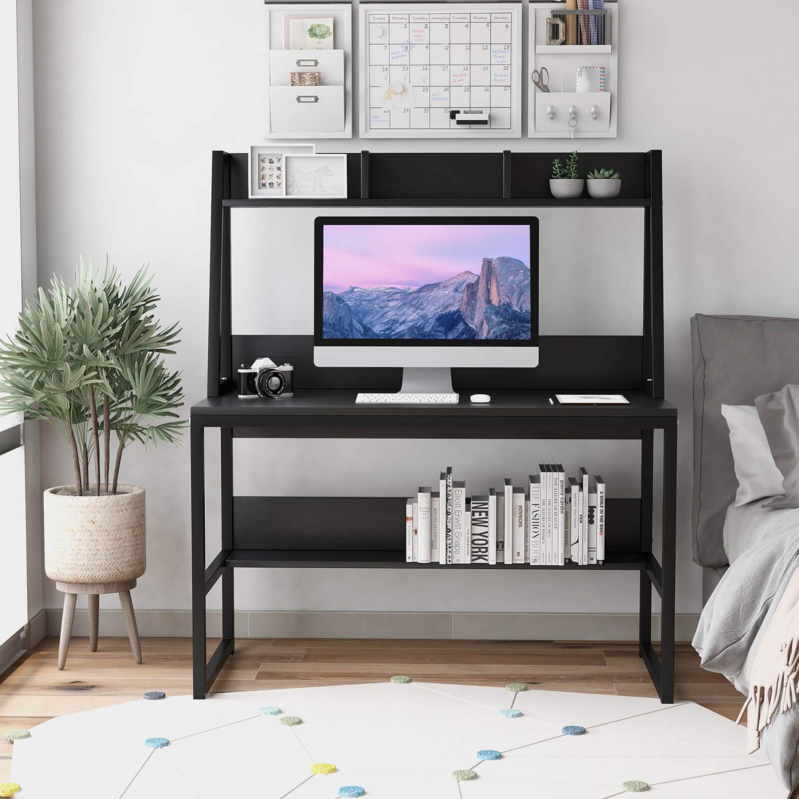 Twomaples Computer Desk with Hutch and Bookshelf - 47.2 inch Writing Study Desk for Home Office Sturdy Study Desk for Small Spaces Modern Wood Desk with Steel Frame Black