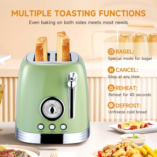 Toaster Retro 2 Slice, Vintage Toaster, Green Toaster, With Stainless Steel Lid, With Bread Attachment, Preheat, Defrost And Cancel Functions, 6 Browning Levels (Green)