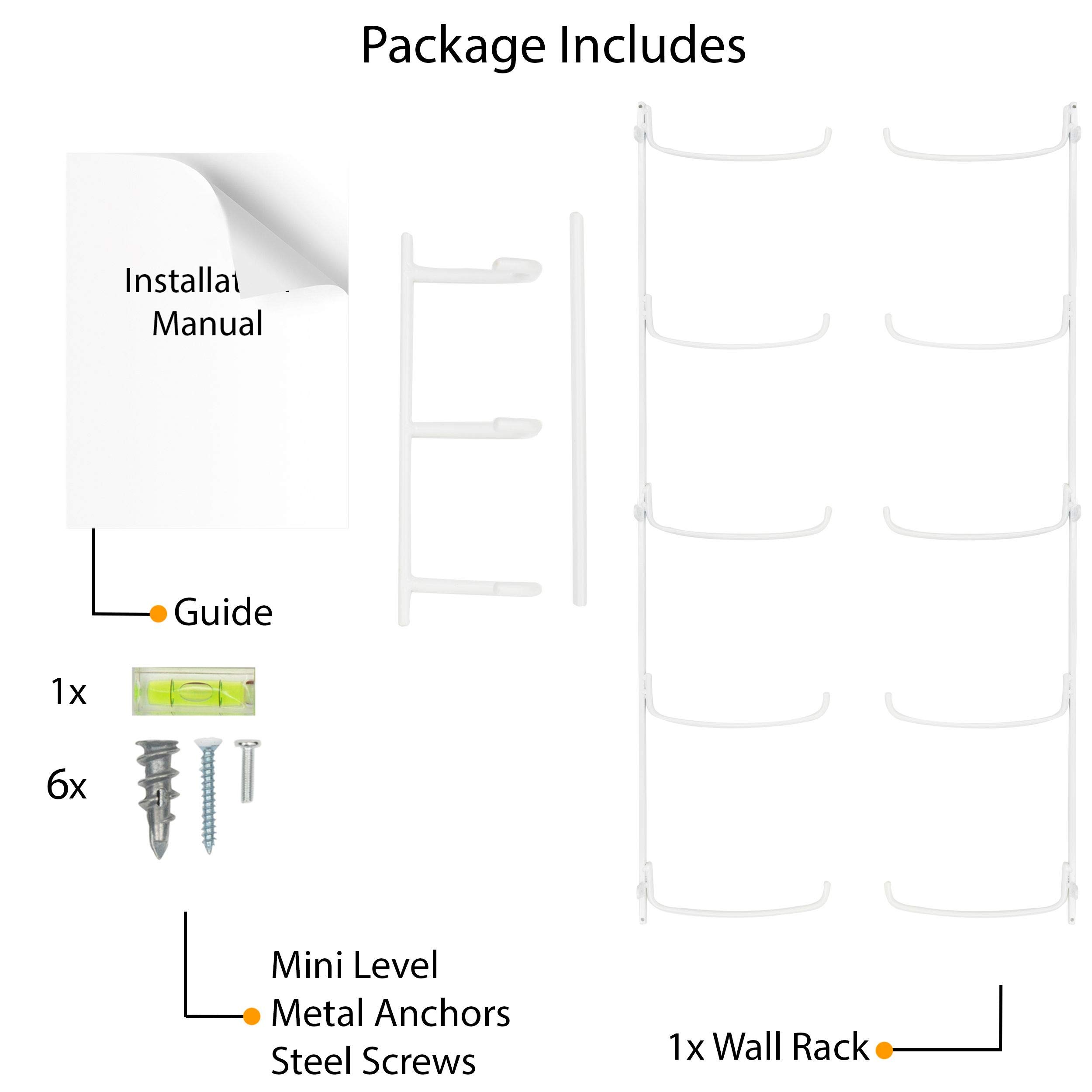 Wallniture Guru Foam Roller & Yoga Mat Holder Wall Mount with 3 Hooks for Hanging Yoga Strap, Resistance Bands, 5-Sectional Metal (White)