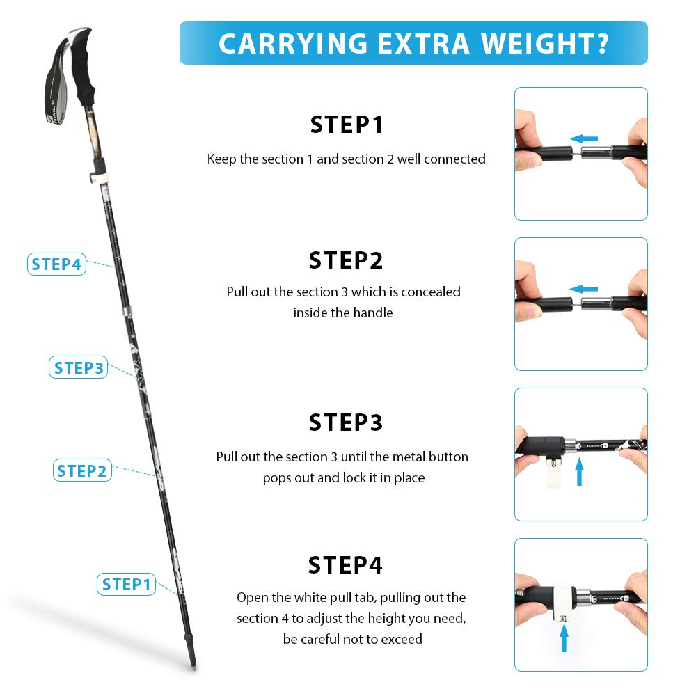 Winkeyes Folding Hiking Poles - 2pc Pack Collapsible Trekking Poles Lightweight & Antishock Aluminum 7075 Walking Stick with Adjustable Quick Flip-Lock for Men, Women, Black