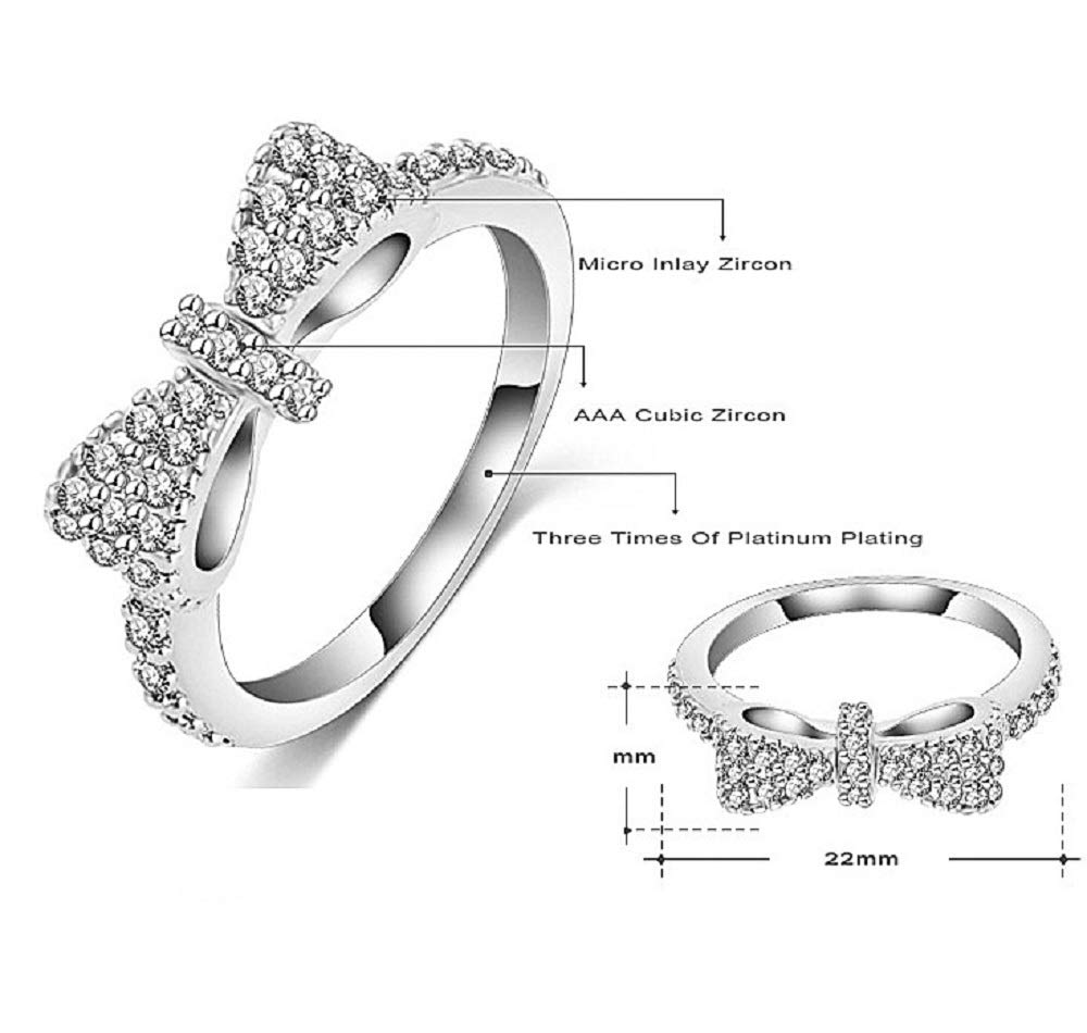 WANGYUSHENG Stylish Lovely Bow Statement Silver Plated Rings for Women ,Cubic Zirconia Rings for Adorable Gift (US size 6)
