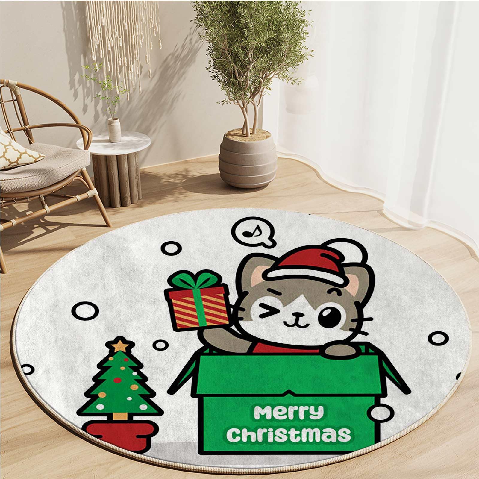 Round Chair Mat for Hard Floors Cartoon Cat Floor Protectors for Chairs Low Pile Carpet Mats for Home Office 4 FT