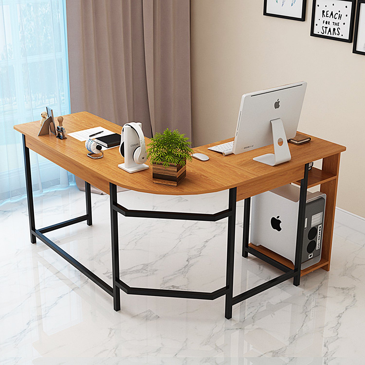 TY ARTS & CULTURE - L-Shaped Corner Desk Gaming Desk PC Table Office Computer Desk with Wood Laptop Black Frame Work Station Study Home Office Furniture | Black
