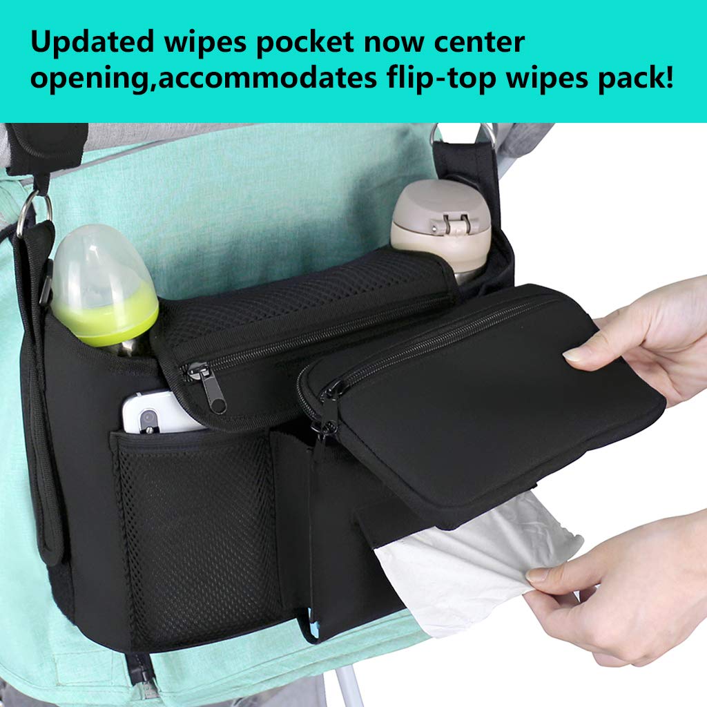 VIMUKUN Stroller Organizer Non-Slip Stroller Cup Holder Baby Travel Accessories - Stroller Accessory for Smart Parents with Shoulder Strap, Compatible with Uppababy, BOB, Baby Jogger (Black)
