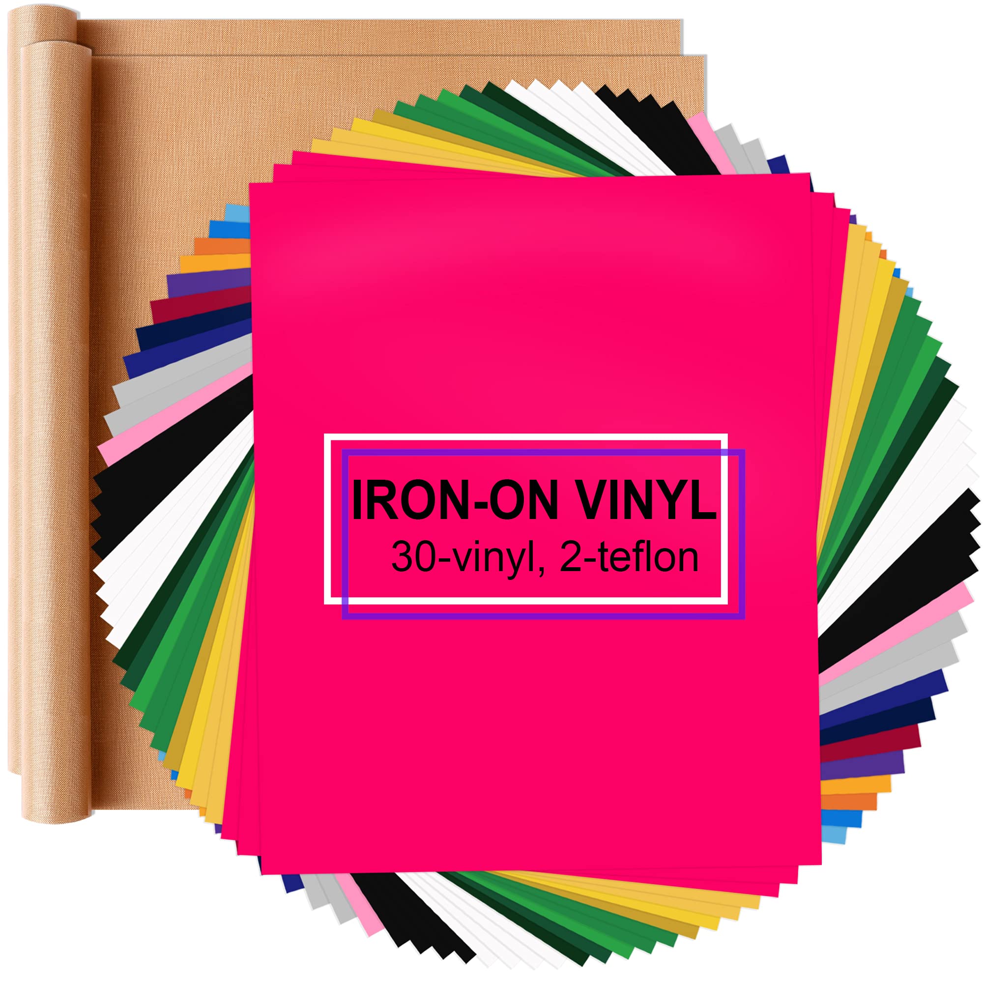 THEMONG HIRALIY Heat Transfer Vinyl Bundle 30 Sheets 12"x10" Iron On Vinyl for T-Shirt HTV with 2 Teflon Sheets for Cricut Silhouette Cameo Craft Cutters