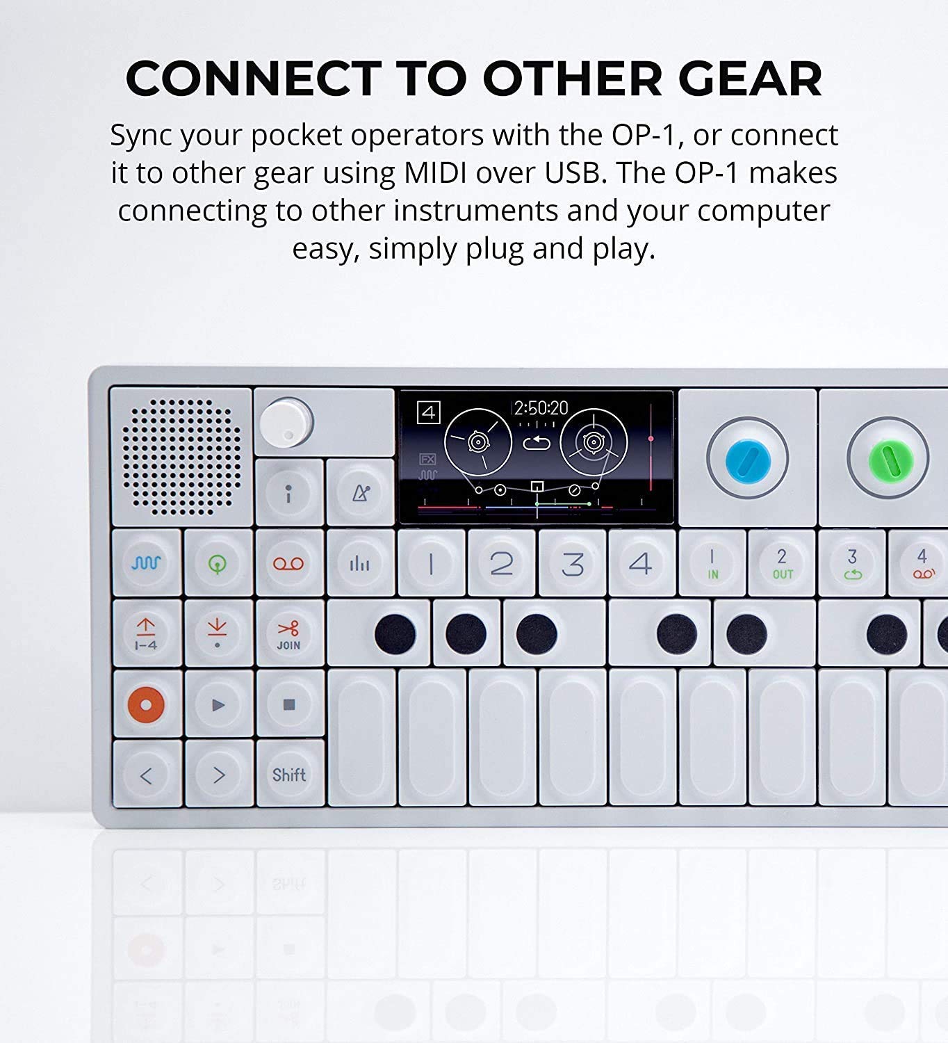 teenage engineering OP-1 Portable Synthesizer, Sampler, and Controller Bundle with Audio Technica ATH-M20x Monitor Headphones, Blucoil USB Wall Adapter, 3' USB Extension Cable, and 3x 7" Aux Cables