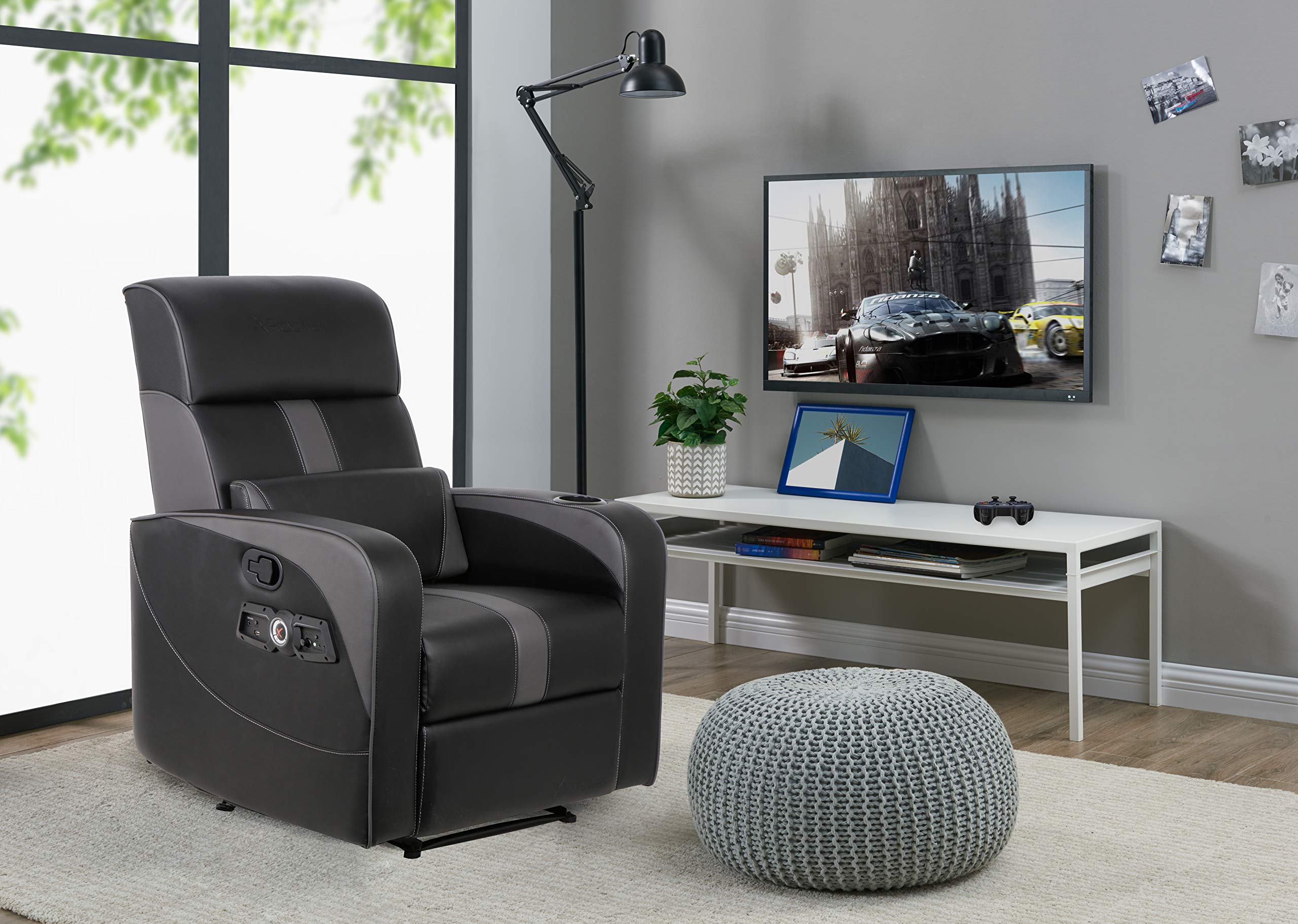 X Rocker Gamma Recliner Gaming Chair, 2.1 Bluetooth Audio System, Headrest Mounted Speakers, Built-in Footrest and Cupholder, 718001, 34.84" x 39.37" x 30.31", Black