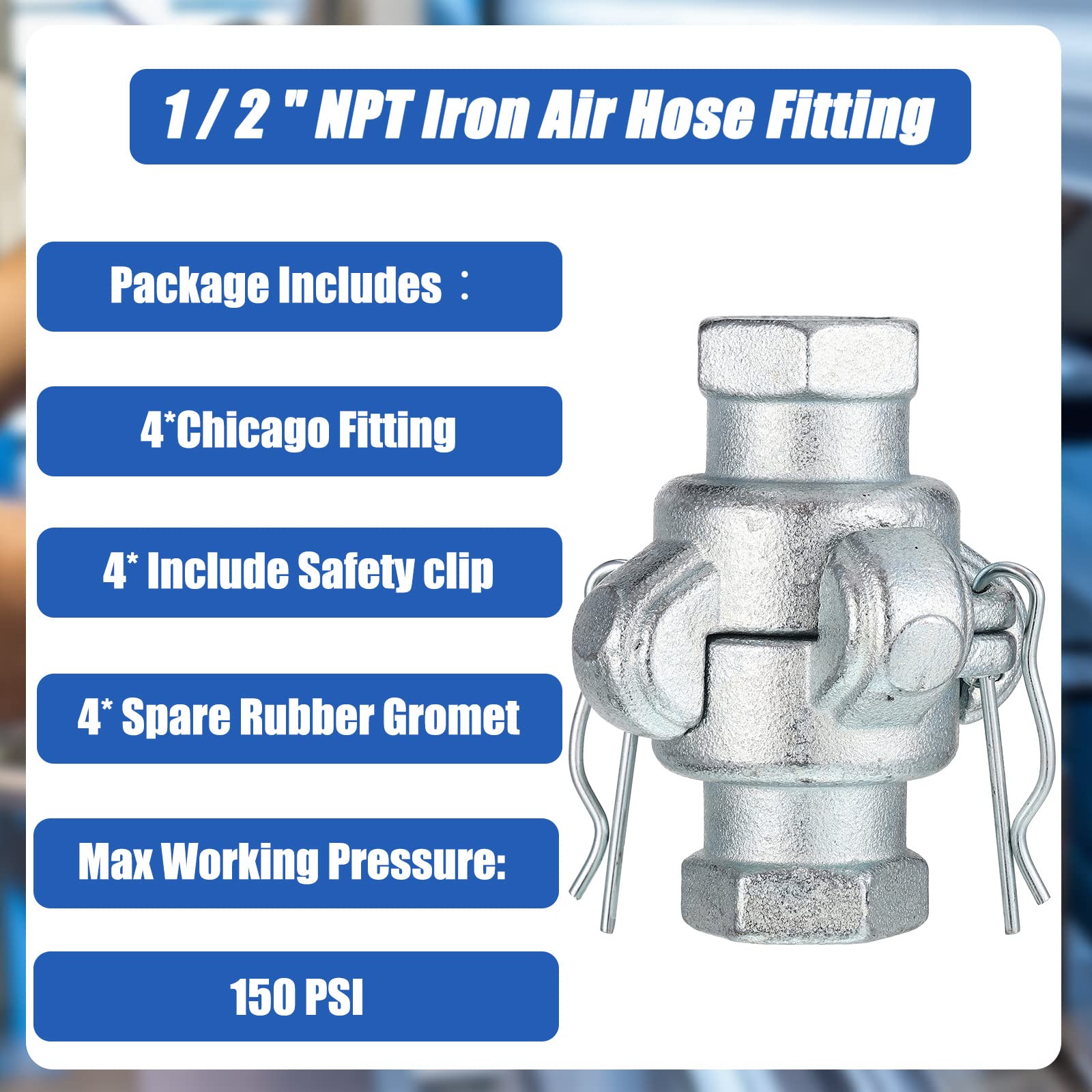 Therwen 4 Sets NPT Iron Air Hose Fitting 2 Lug Universal Coupling Chicago Fitting for Female and Male End(1/2'', Female End)