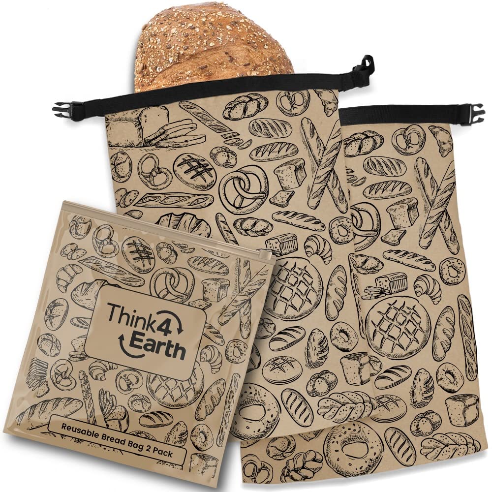 THINK4EARTH - 2 Packs Bread Bags, Bread Bags for Homemade Bread Loaf, Freezer Bread Storage Bag, Bread Container, Reusable Food Storage Bag, Large Bread Bags for Homemade Bread with Double Lining.