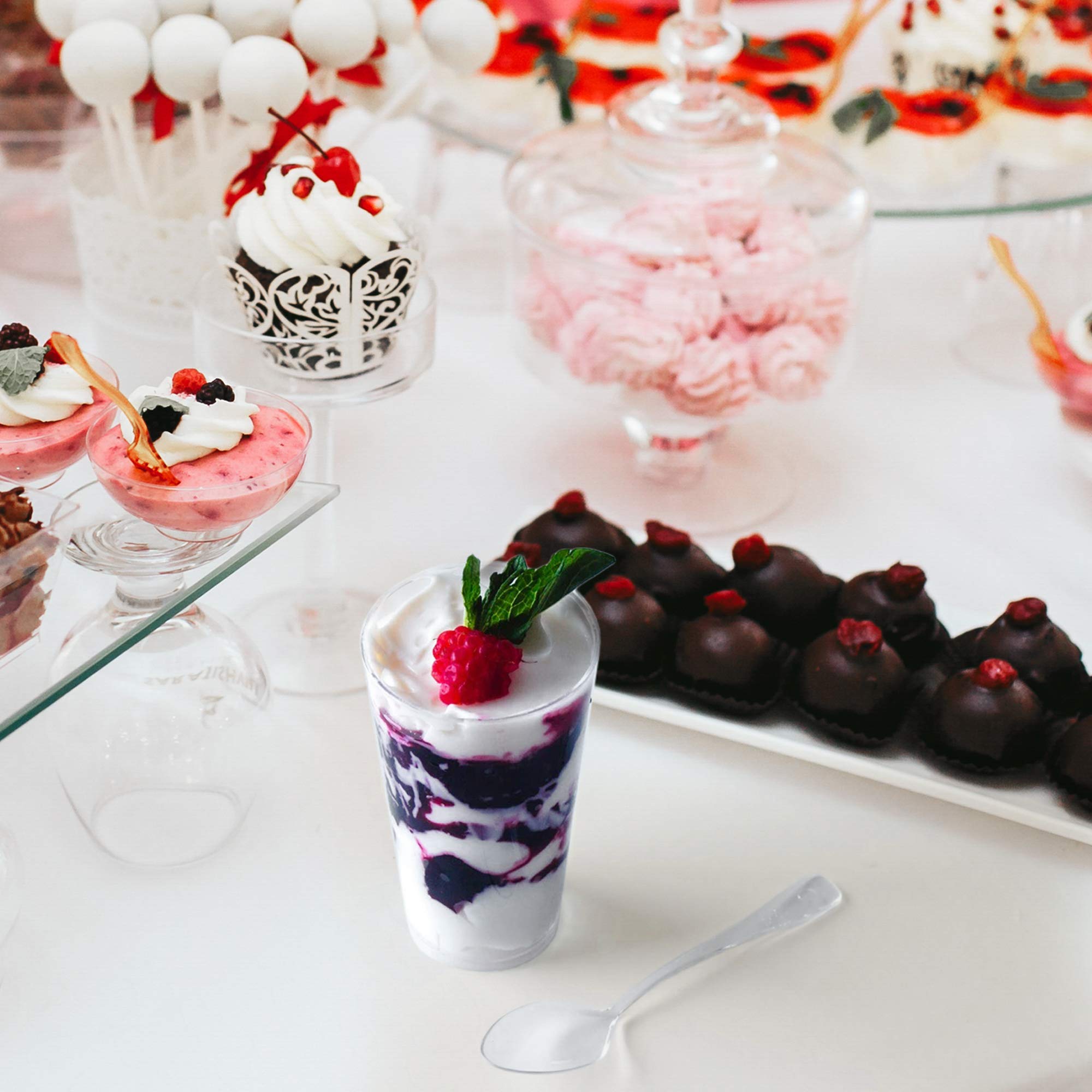 Round Shot Cups - 3 ounce - 100 Count - Spoons Included-Clear Plastic-Straight Wall Shot Glasses - Mini Cup - Dessert Cup - Tasting Sample - Party Shooters - Drink Shot Tumblers-Disposable or Reusable