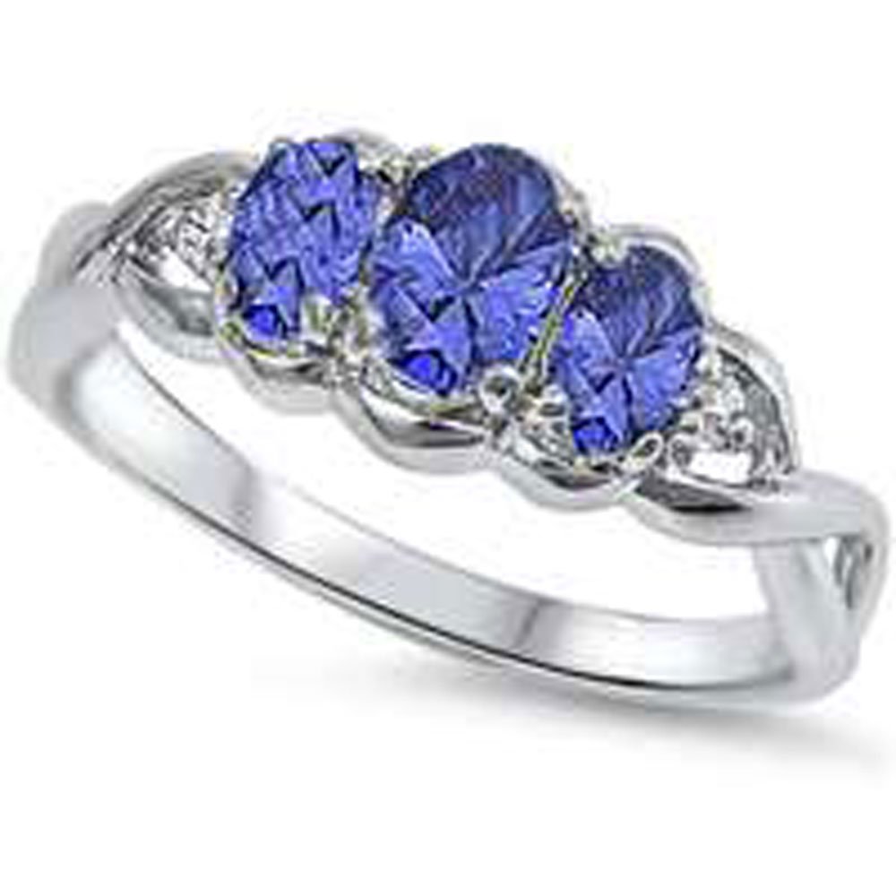 Oxford Diamond Co 3 Oval Cut Simulated Tanzanite & Cz .925 Sterling Silver Ring Size 6
