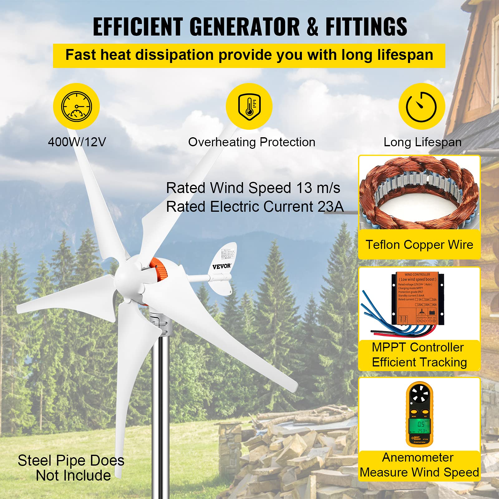 VEVOR, 12V/AC Turbine Kit, 400W Wind Power Generator with MPPT Controller 5 Blades Auto Adjust Windward Direction Suitable for Terrace, Marine, Motor Home, Chalet, Boat, White