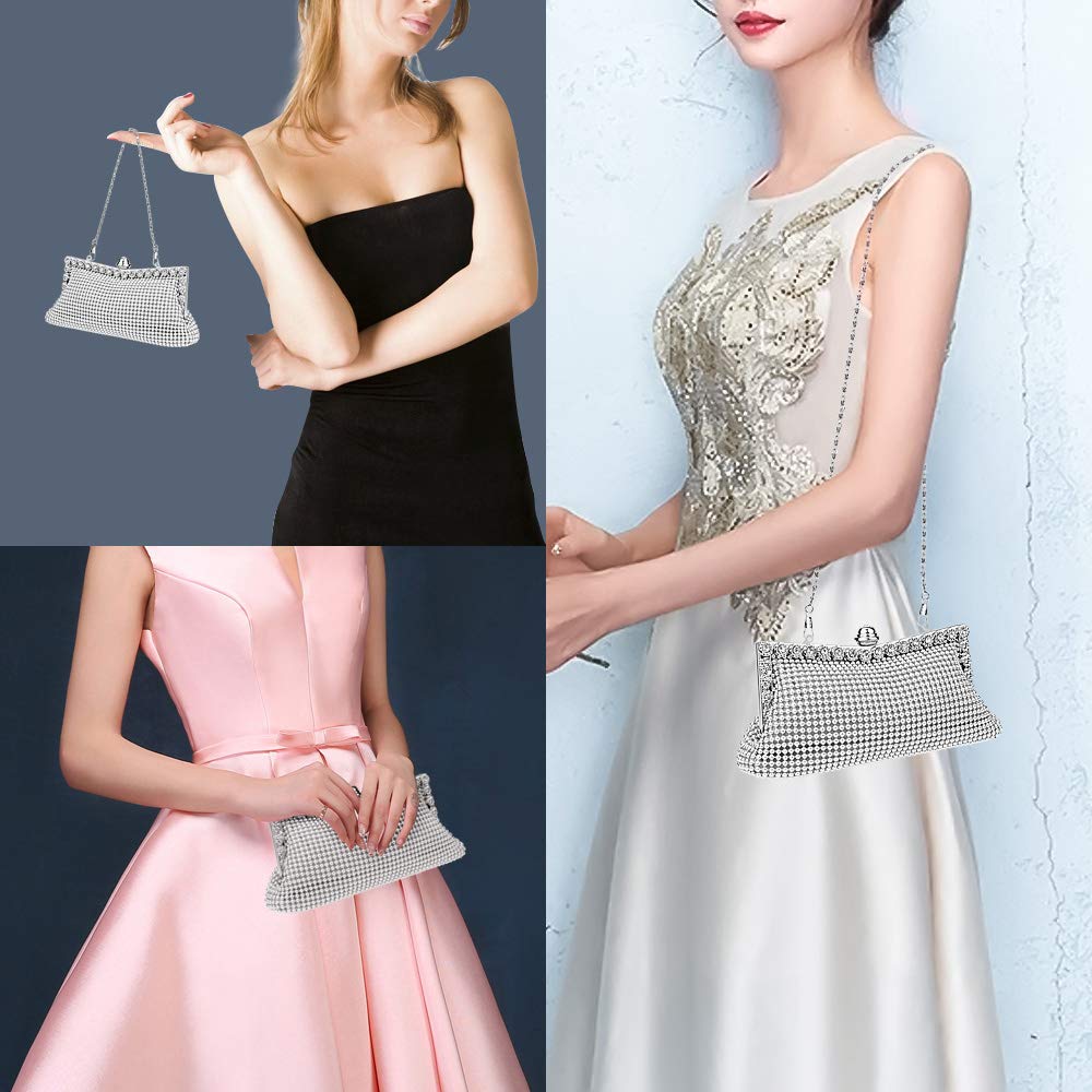 SelfTek Silver Clutch Purses Evening Bag for Women, Sparkly Rhinestone Purses Crystal Bag with Short & Long Chain for Women Wedding Prom Party