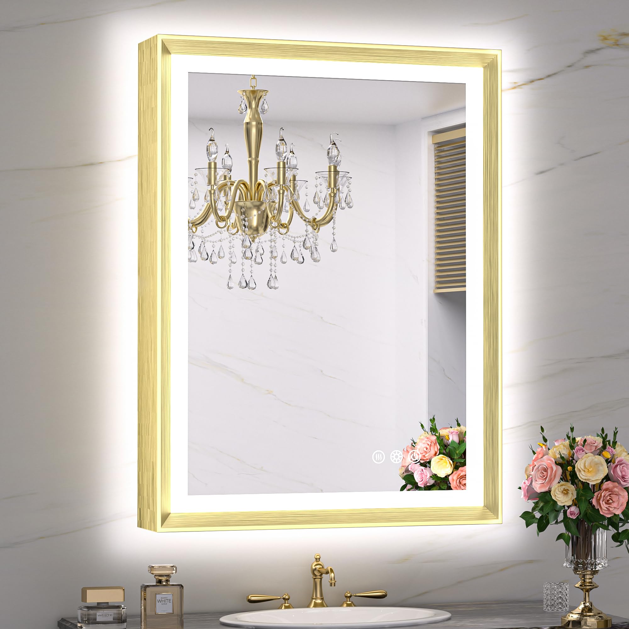 TokeShimi 30x36 Inch Gold Light up Bathroom Vanity Mirror with Front Lights and Backlit for Wall Aluminum Alloy Frame Rectangle Beveled Edge Tricolors Stepless Dimmable Anti-Fog Memory Function