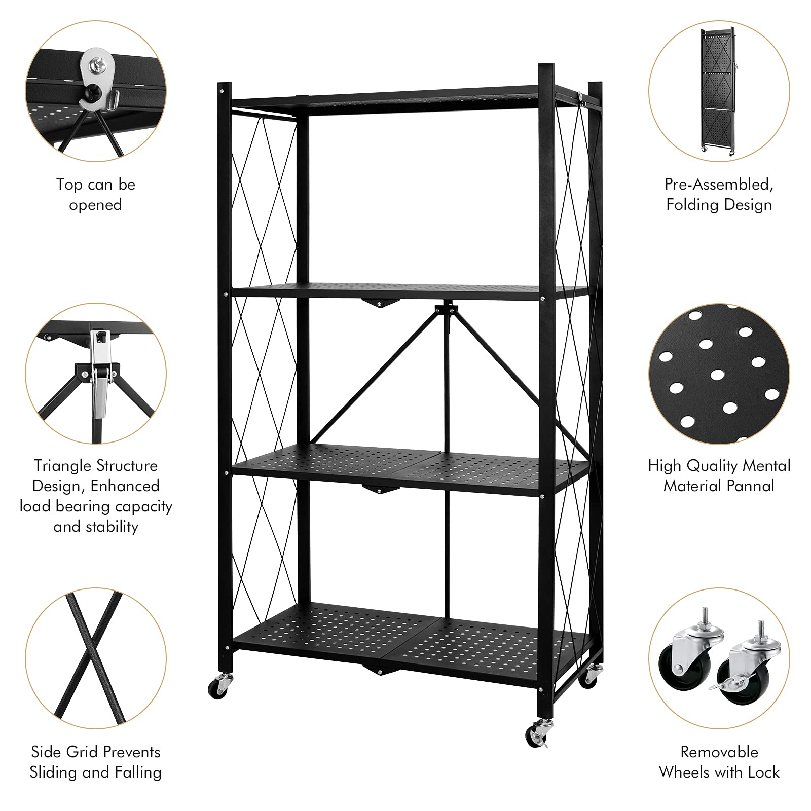 XCSOURCE 4-Tier Foldable Storage Shelves, Wide Folding Metal Shelf with Caster Wheels for Garage Kitchen Home Closet Office, No Assemble Needed - Black