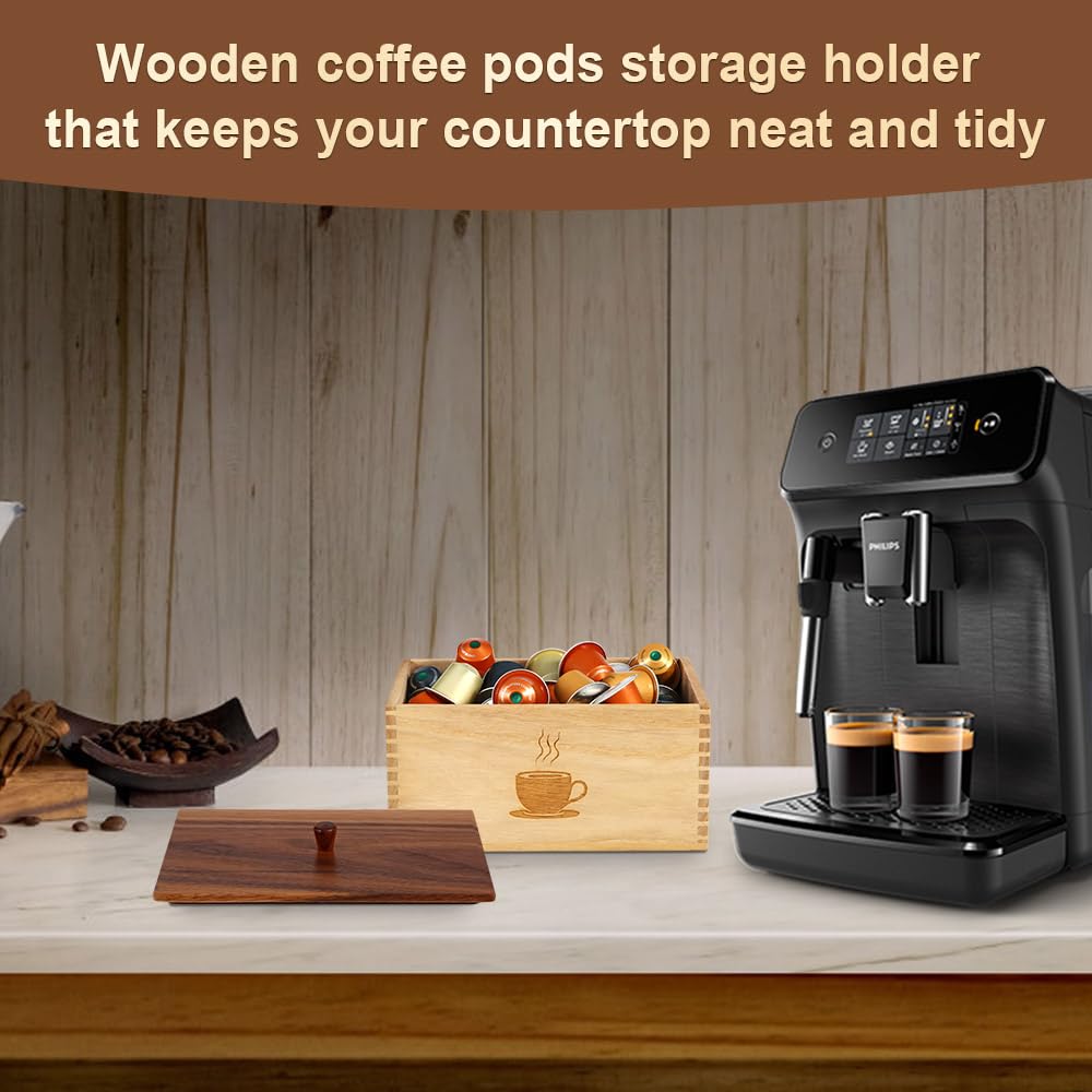 RiLiKar Wood Coffee Pod Holder Storage Box Organizer with Lid Large Capacity Coffee Station Organizer for Countertop Modern Coffee Storage Container Coffee Bar Accessories Organizer (Rectangle)
