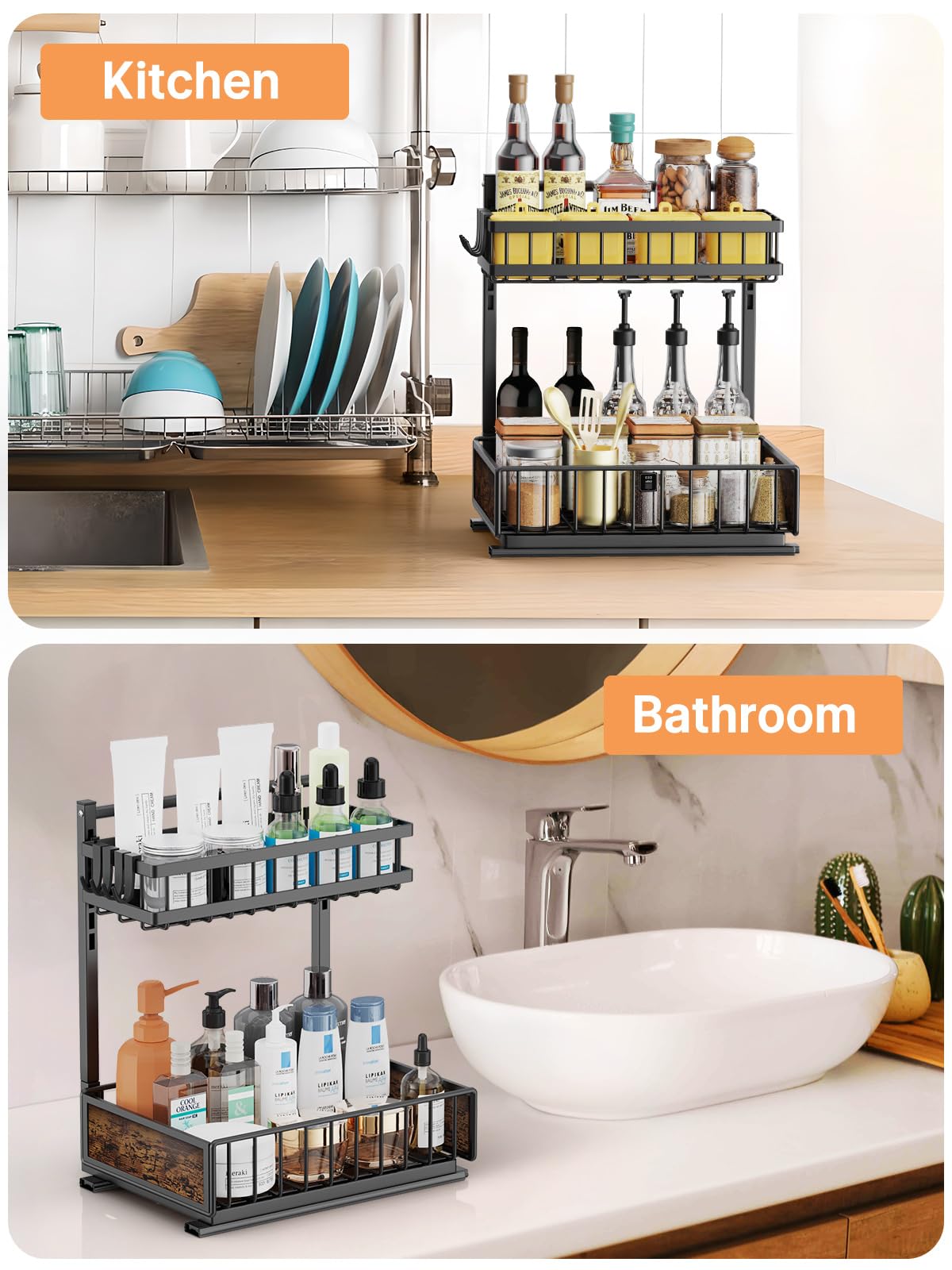 Under Sink Organizers 2 Tier - Kitchen Under Sink Organizer Storage Metal,Pull Out Cabinet Organizer,Adjustable Height Organizer with Hooks,Sturdy Slide Out Storage for Kitchen Bathroom Cabinet