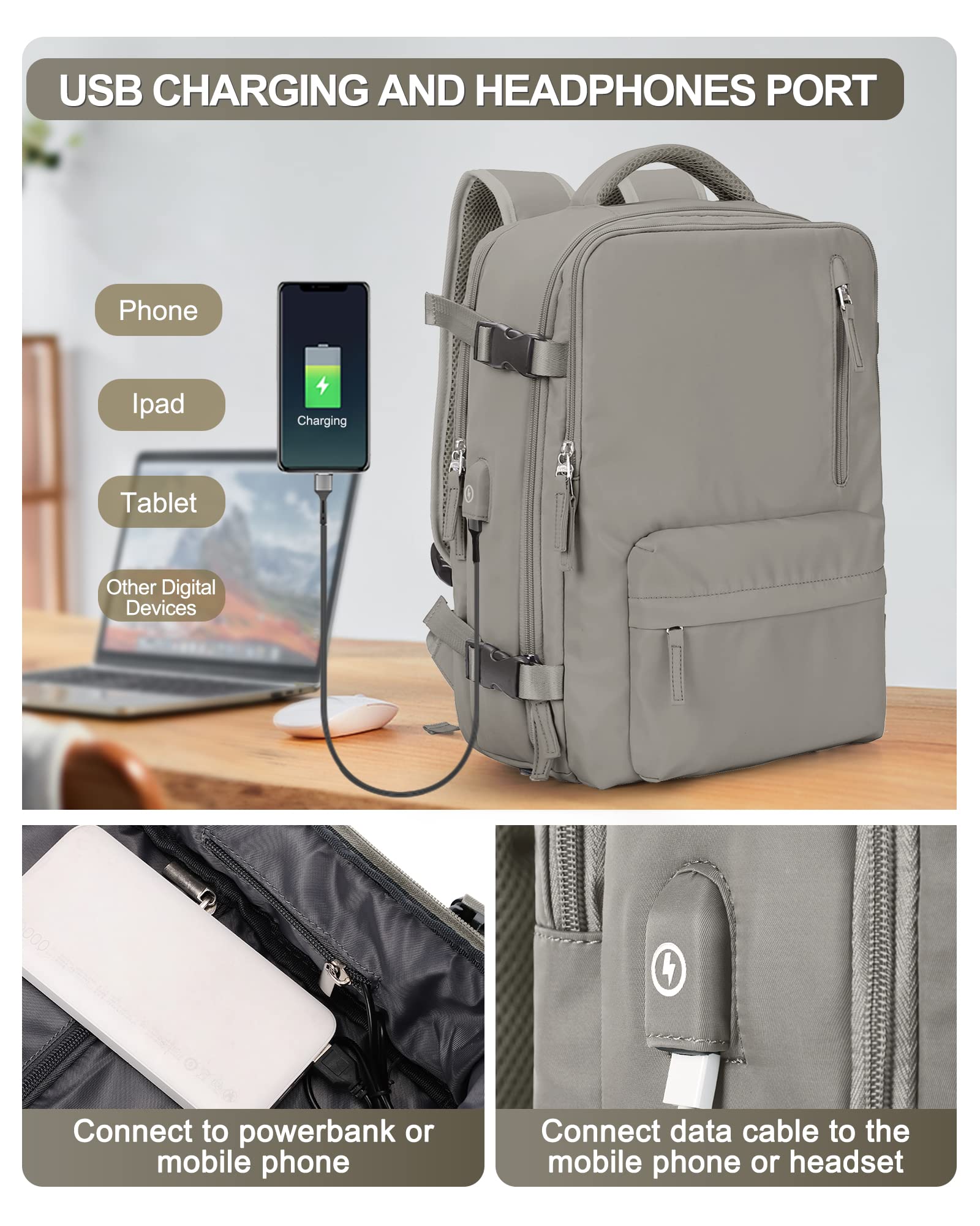 VGCUB Large Travel Backpack,Carry on Backpack for Women Men Airline Approved Gym Backpack Waterproof Business Laptop Daypack,White Brown
