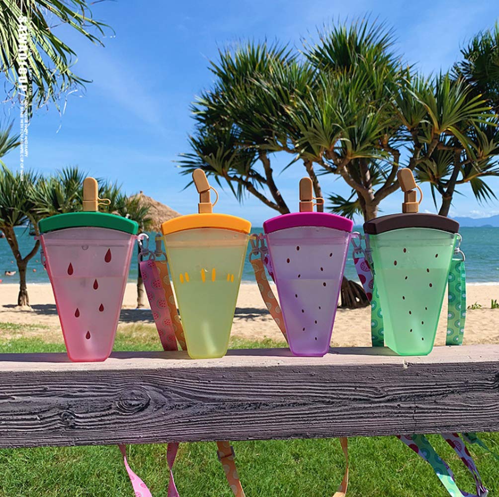 YunQin 320ml Plastic Water Bottles, 4 Colors Cute Watermelon Ice Cream Water Bottle with Straw, Anti-fall Portable Popsicle Shape Water Cup for Girls (pink)