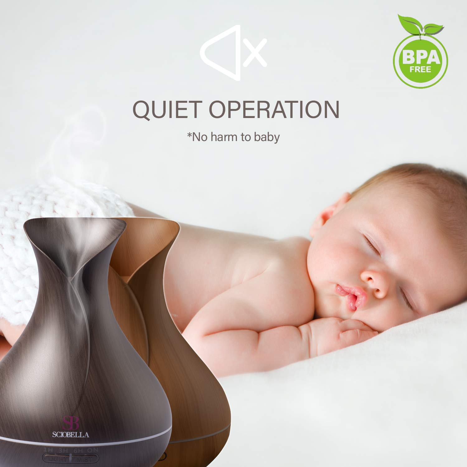 Sciobella Essential Oil Diffusers for Large Room Wood Grain Ultrasonic Aromatherapy Electric Pure Air Diffuser Home Office Desk Baby Room Spa 500ml Big Water Tank 2-Mist 1H/3H/6H/On Auto Shutoff