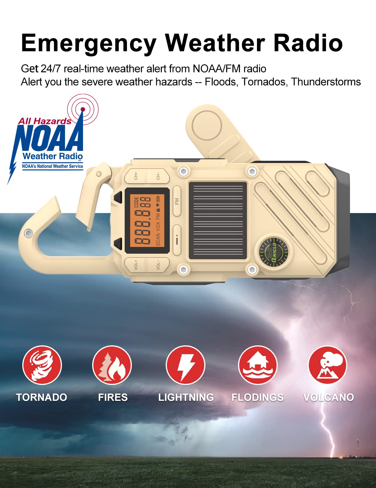 Walkie Talkies for Adults Rechargeable, FM/NOAA Emergency Radios with Weather Alerts, LED Flashlight & SOS Alarm, Solar Powered Hand Crank Long Range 2 Way Radios Walkie Talkie with USB Charged