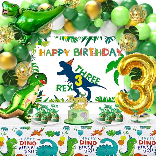 Three Rex Birthday Party Decorations Boy, 3rd Dinosaur Birthday Decorations with 3 Rex Birthday Backdrop Dinosaur Balloon Kit Tablecloth and Cake Toppers for Dino Birthday Decorations for Boys