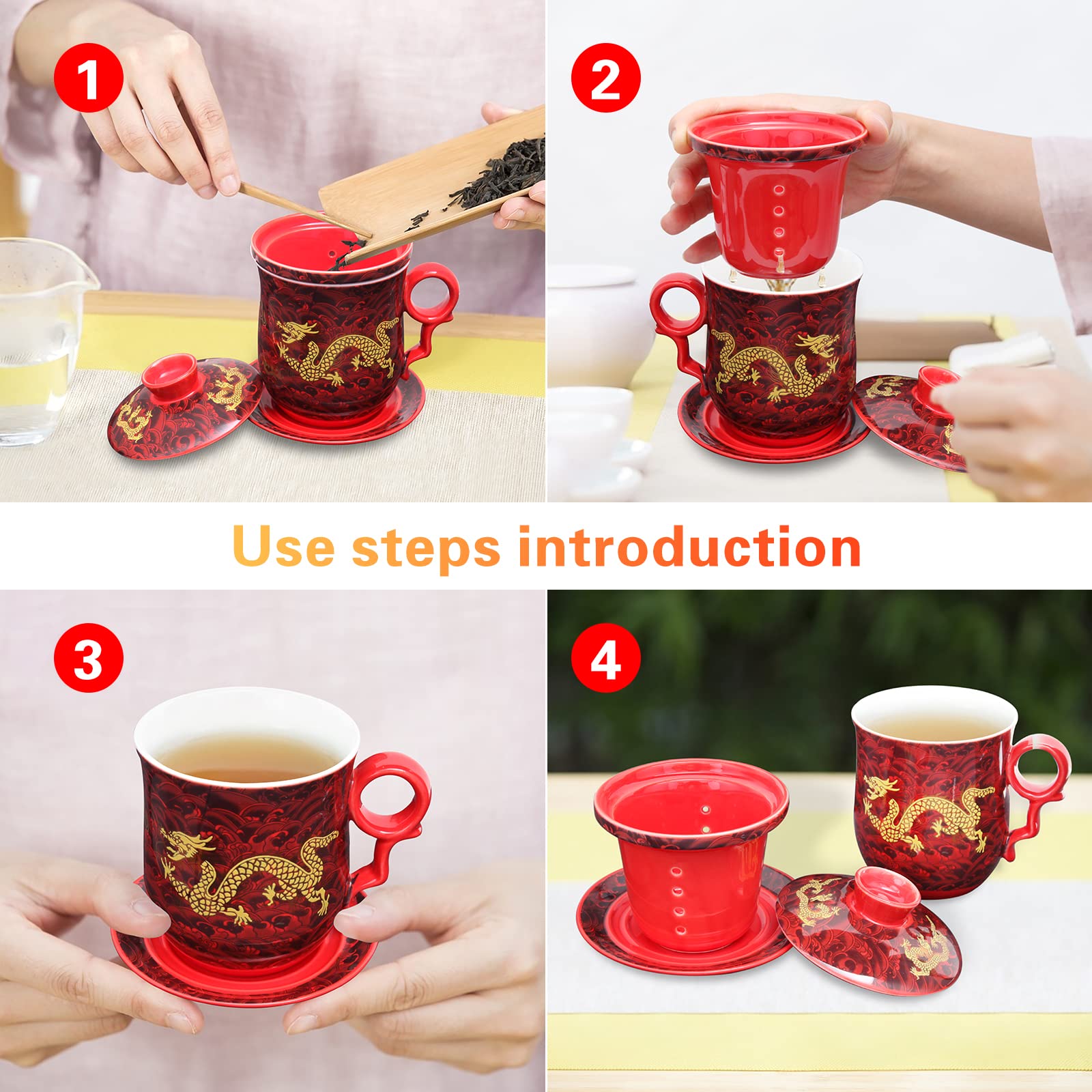 YURROAD 2 Pack - Ceramic Tea Cup with Infuser and Lid Tea Mugs Teaware with Filter and Coaster Porcelain Tea Steeping Mug - 13.5 oz / 400ml