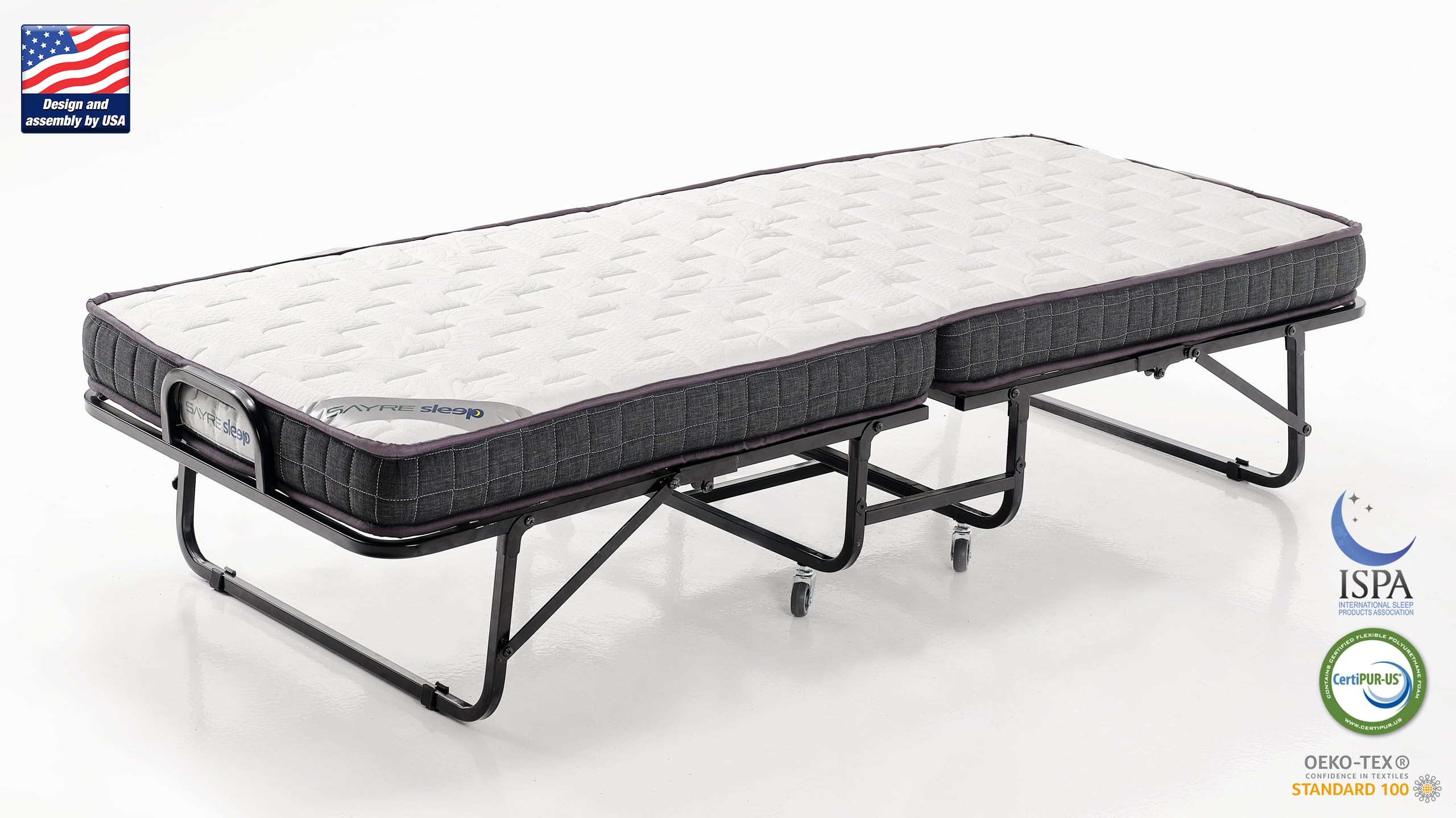 SAYRE SLEEP Folding Bed with Memory Foam Mattress - 75x38 Twin Size Bed Frame - Roll Away Adult Bed for Guest - Portable and Foldable - Strong Back Support- Easy Assemble