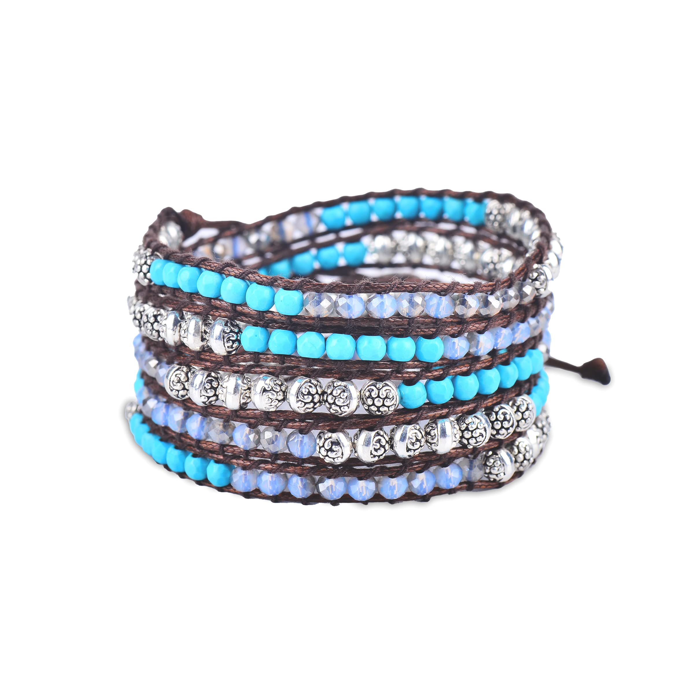 spirit wrist Turquoise Bead, Sky Crystals, Silver Zinc + Brown Kai Boho Wrap Bracelet