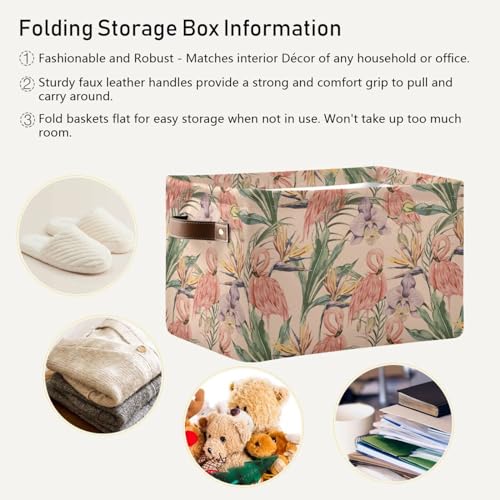 Tropical Flowers Jungle Flamingos Storage Basket Bins Decorative Toy Organizer Bins Laundry Hamper Baskets with Handles for Bedroom Office Clothes Pet Nursery Living Room,1 pcs