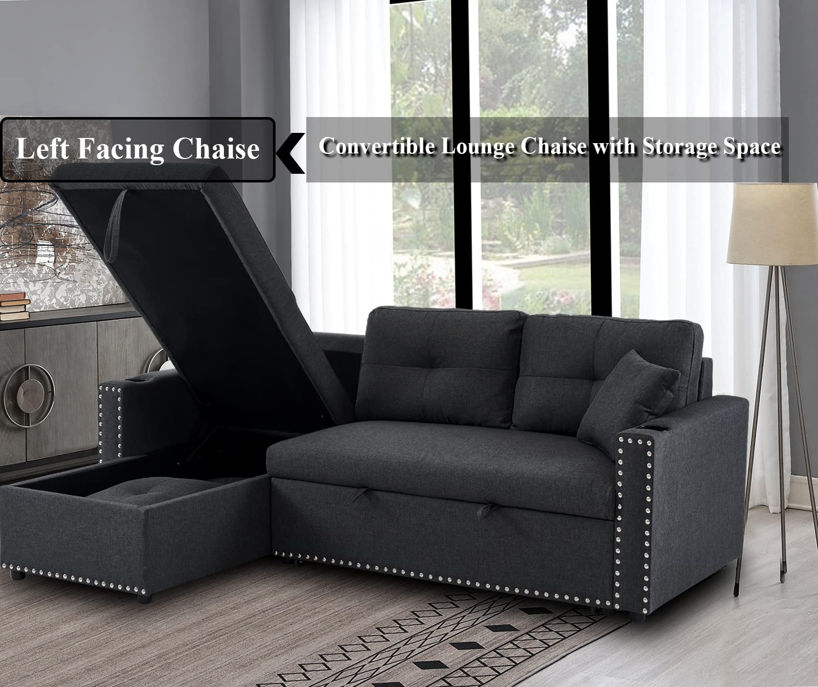 Sleeper Sofa Bed Pull Out Couch Reversible Sectional Sofa for Small Space Loveseat Sleeper with Storage Chaise & Cup Holder for Living Room/Apartment/Basement (Dark Grey)