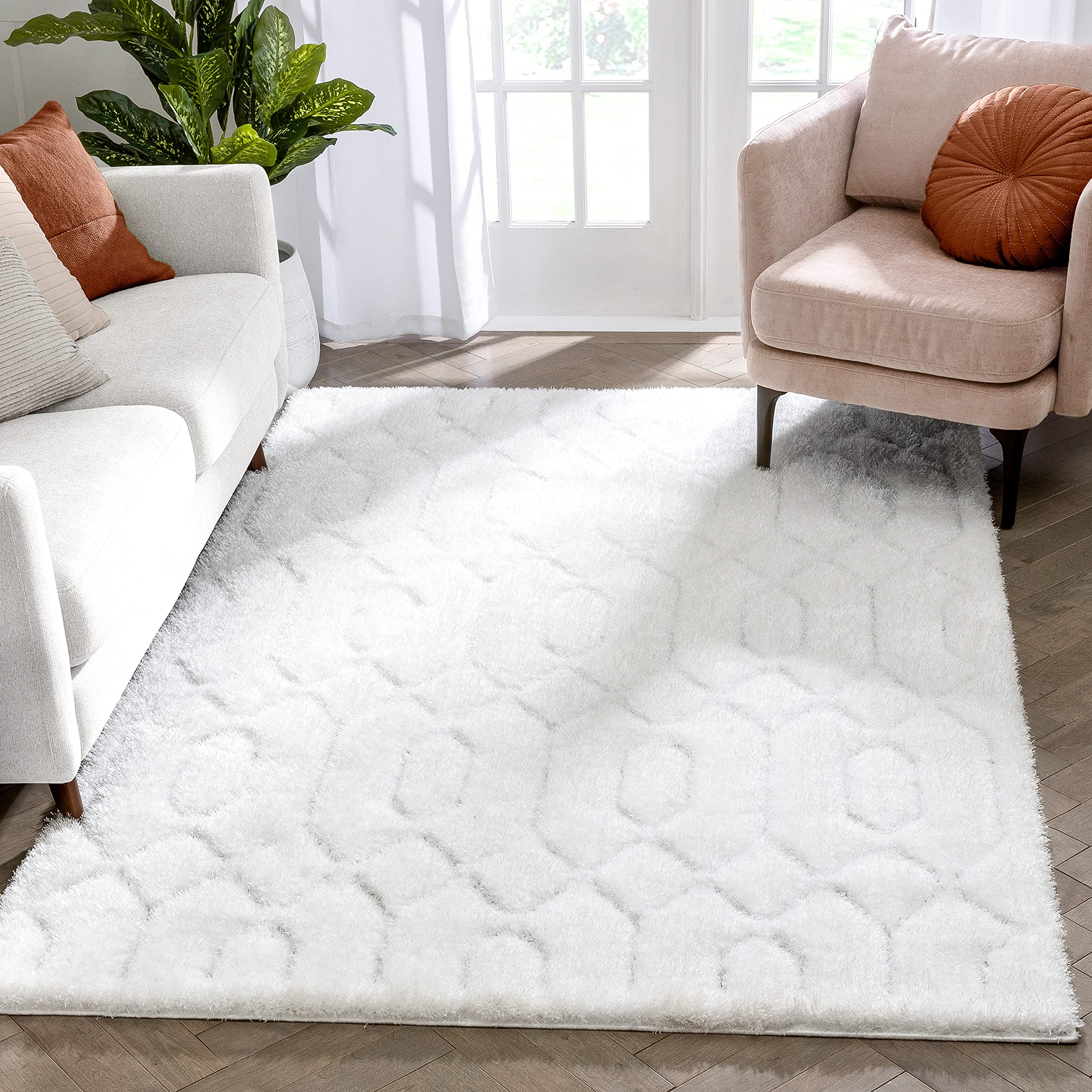 Well Woven Waina Beige Thick & Soft Geometric Shag Area Rug 5x7 (5' x 7'3")
