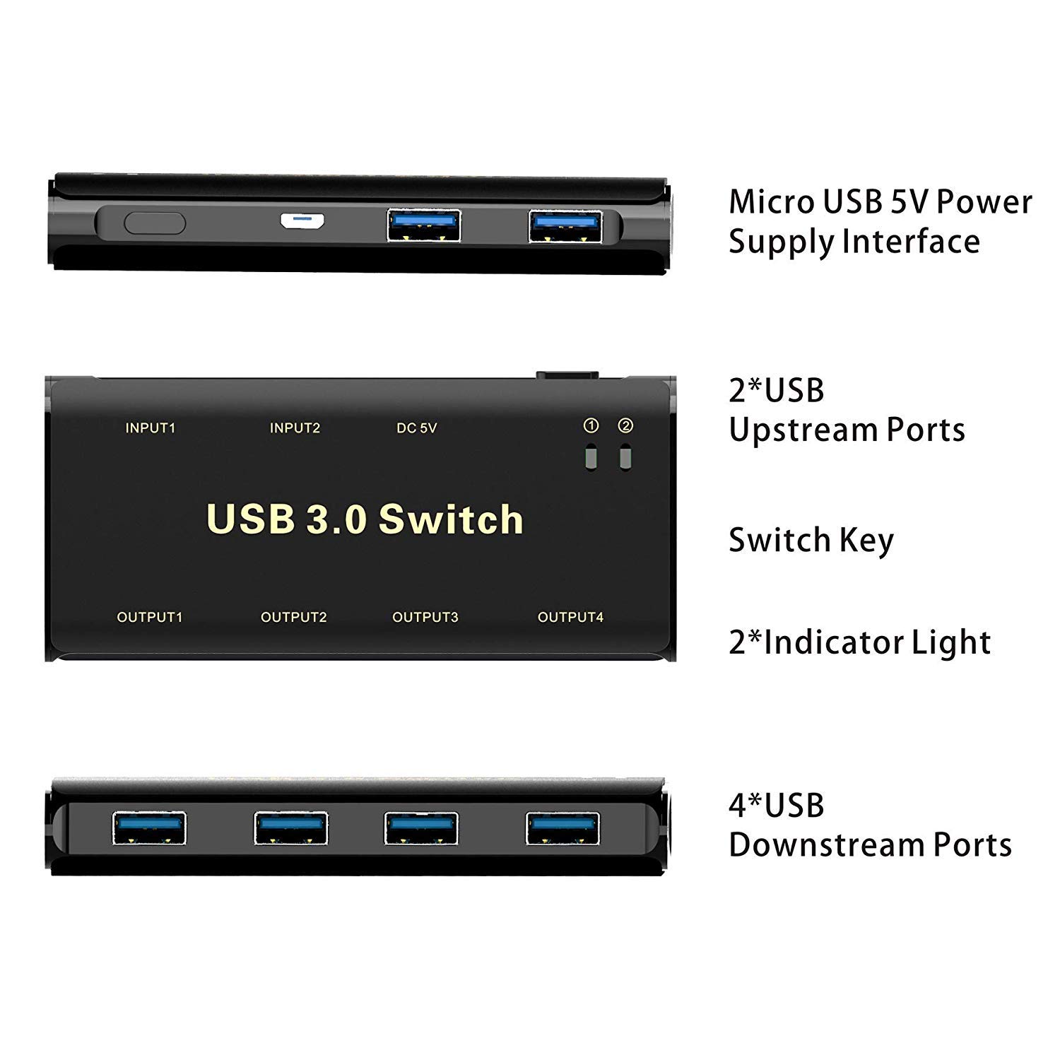 USB 3.0 Switch Selector,ABLEWE KVM Switcher Adapter 4 Port USB Peripheral Switcher Box Hub for Mouse, Keyboard, Scanner, Printer, PCs with One-Button Switch and 2 Pack USB Cable
