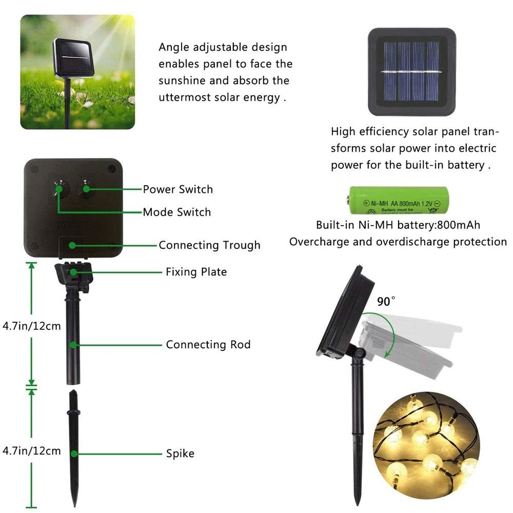WKK-PB LED String Lights Solar Bubble Bead String Light IP65 Waterproof Adjustable 8 Lighting Modes Outdoor IP65 Waterproof Decoration for Home Garden Gathering Interior Decoration Props