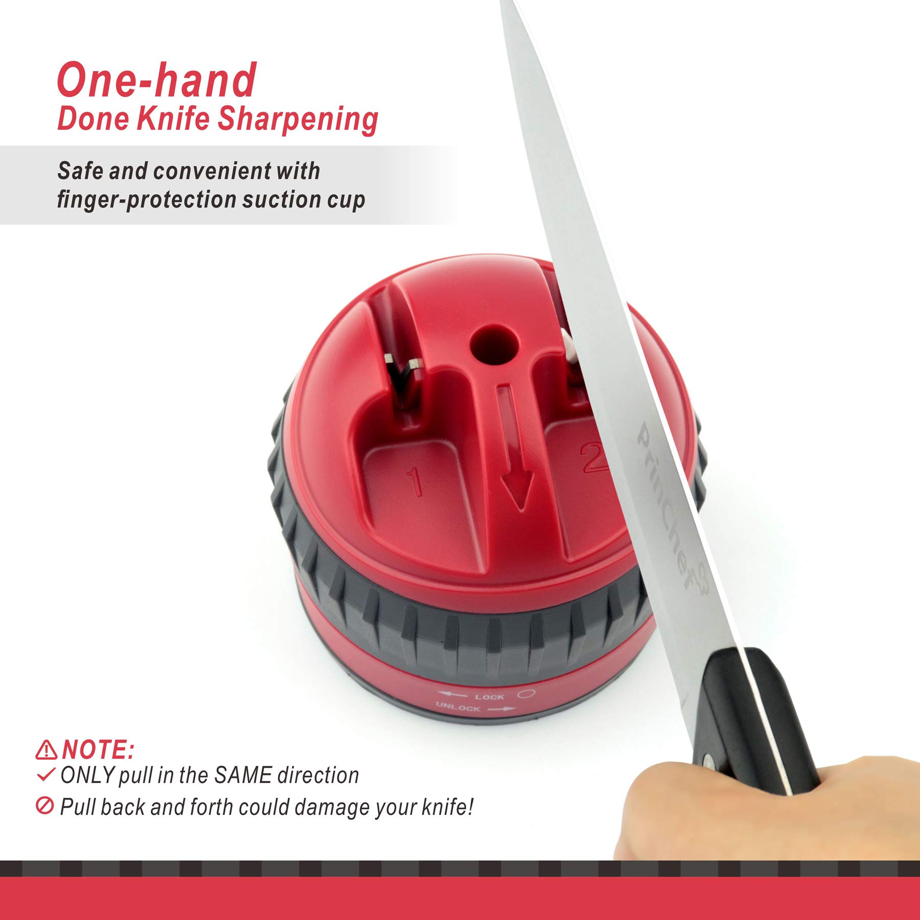 Safest Knife Sharpener, One-Hand-Done-Sharpening Non Slip with Suction Cup, Premium Knife Sharpen Tool for Straight Smooth Blades Knives, Quick and Easy Kitchen Manual Sharpening for Razor Sharp,Red