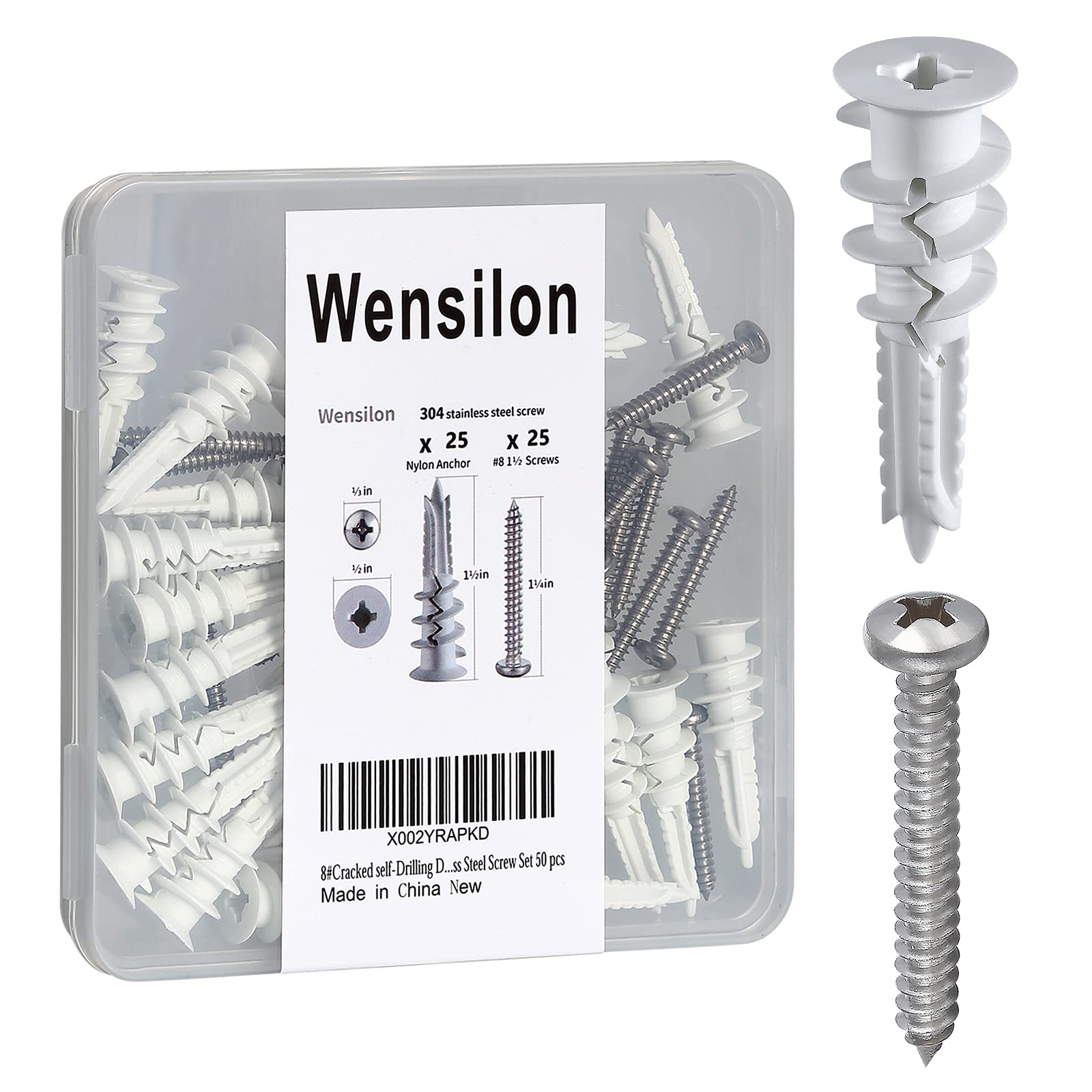 WensiLon Wall Anchors and Screws for Drywall - with 25 anchors and 25#8 stainless steel screws