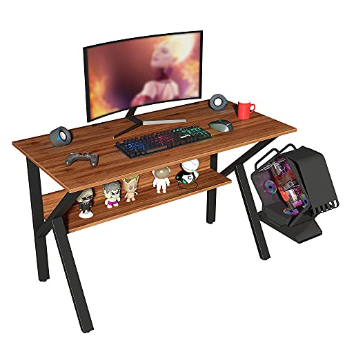 XINDACLOVER Gaming Computer Desk for Gamer, 47 Inch Small Student Desk for Bedroom, Computer Desk with Bookshelf for Home Office, Studying Writing Table for Small Space(Walnut)