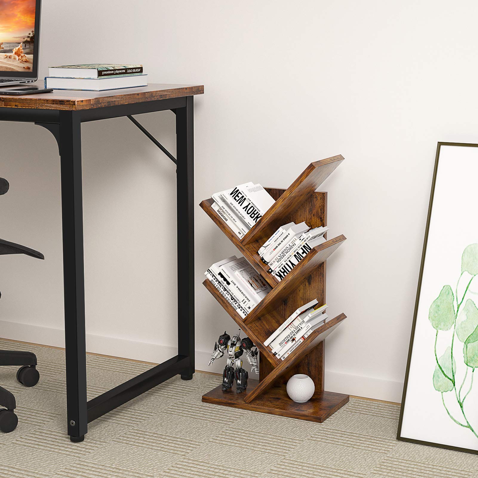 Topfurny Tree Bookshelf, 4-Tier Book Storage Organizer Shelves Floor Standing Bookcase, Wood Storage Rack for Office Home School Shelf Display for Cd/Magazine/Book - Rustic Brown