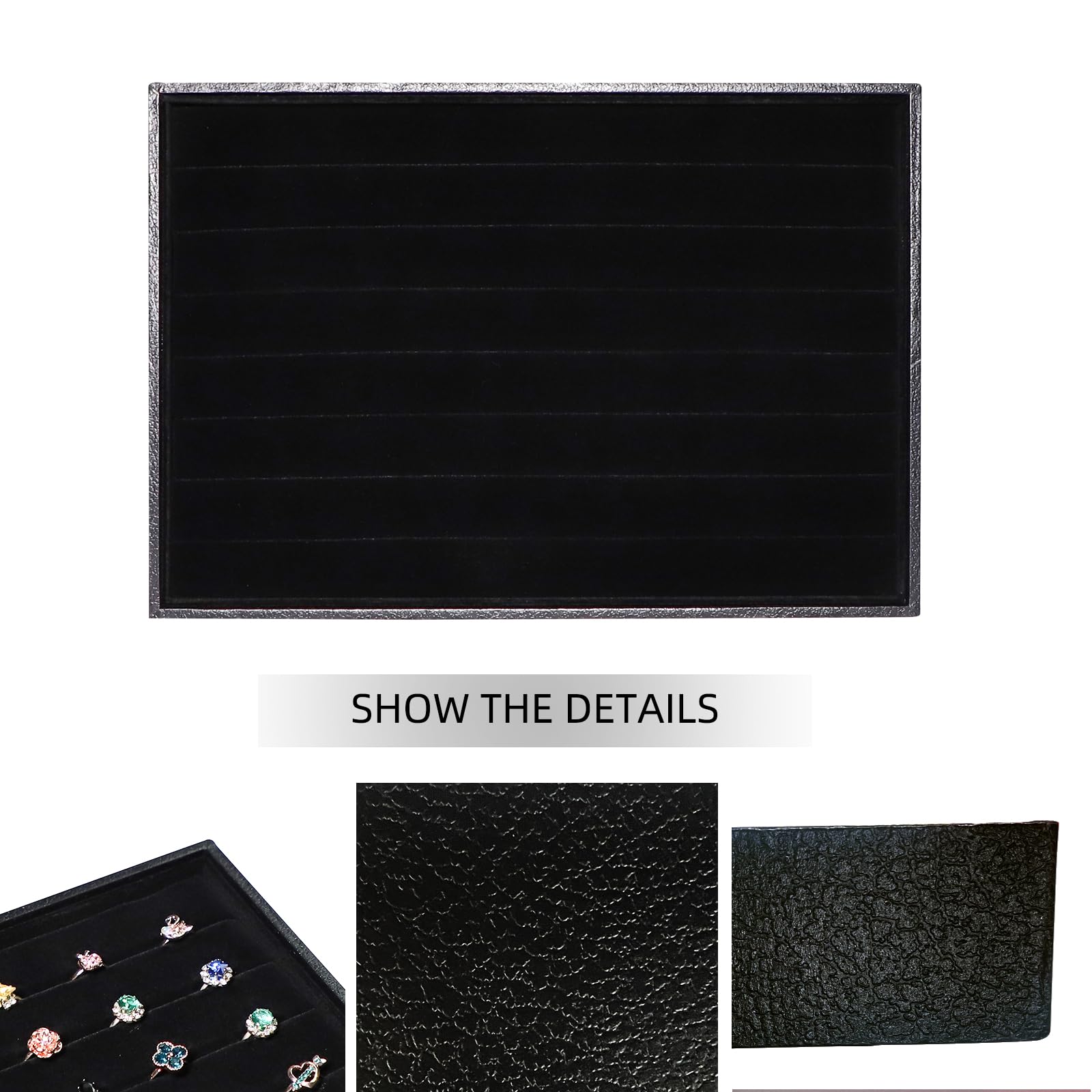 Wudygirl 7 Slots Velvet Ring Earrings Tray Storage Jewelry Showcase Display Stackable Rings Organizer Holder for Drawers, Black (Ring Tray)