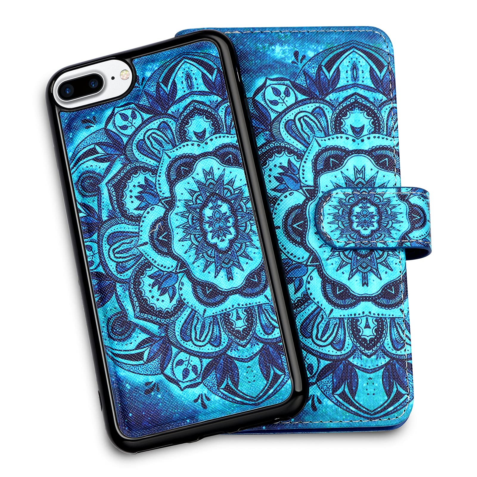 Vofolen 2-in-1 Case for iPhone 8 Plus Case 7 Plus Wallet Card Holder Slot Detachable Strap Protective Slim Hard Shell Magnetic PU Leather Folio Pocket Flip Cover for iPhone 8 Plus 7 Plus Mandala Brown