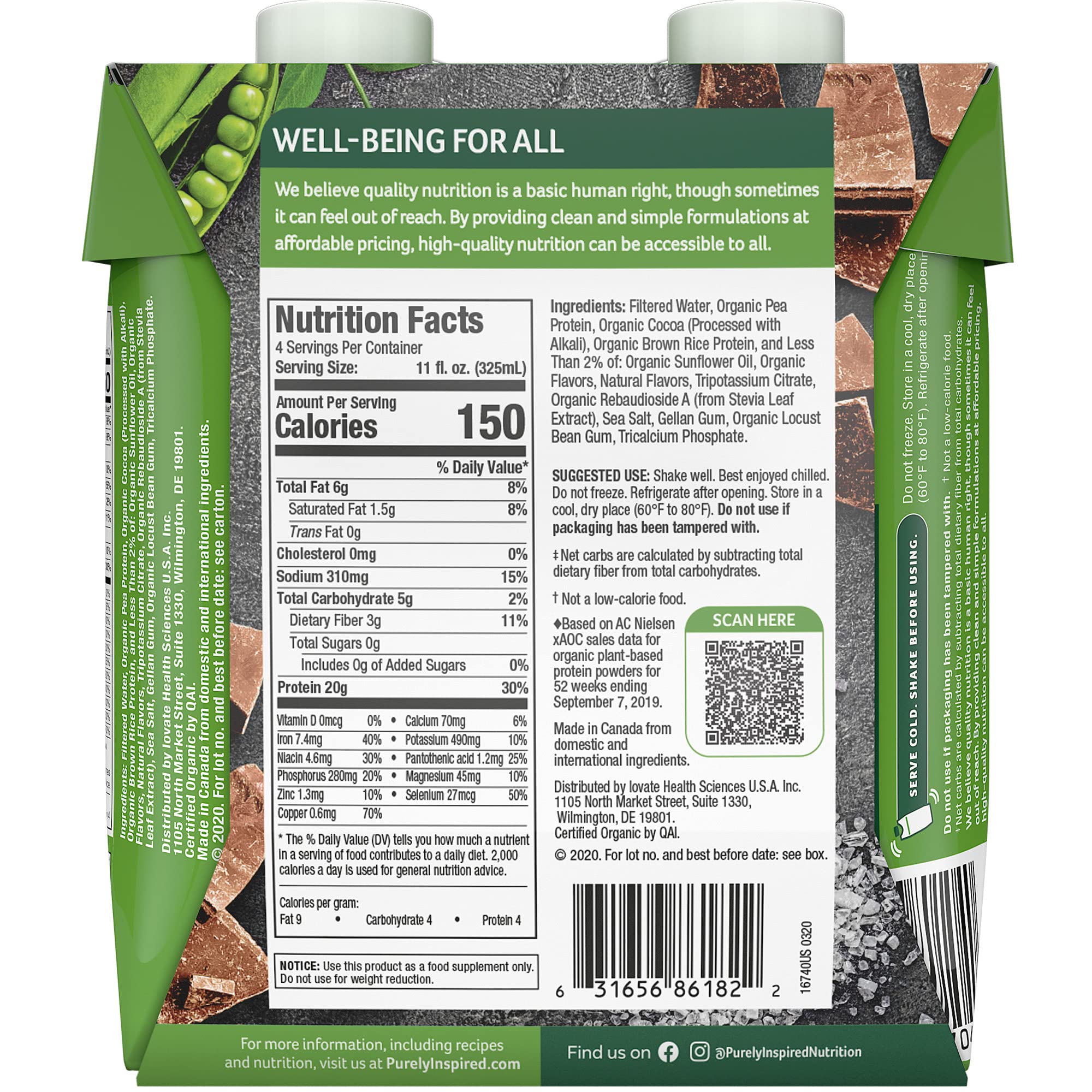 Purely Inspired Ready to Drink Organic Protein Shake, Decadent Chocolate (12 Pack) - Plant-Based RTD Nutritional Protein Drinks - Zero-Sugar & Gluten-Free Meal Replacement Drink Liquid Protein