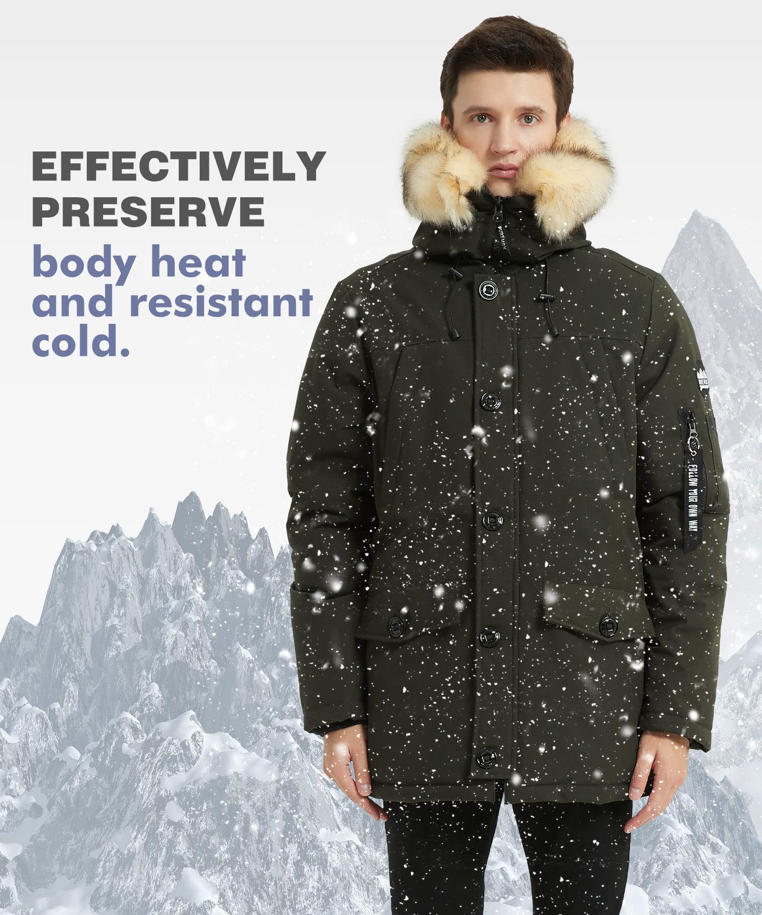 PUREMSX Winter Parka for Men, Warm Thick Fur Hooded Long Padded Puffer Coat Spring Ski Travel Jacket Gift,Khaki,Large