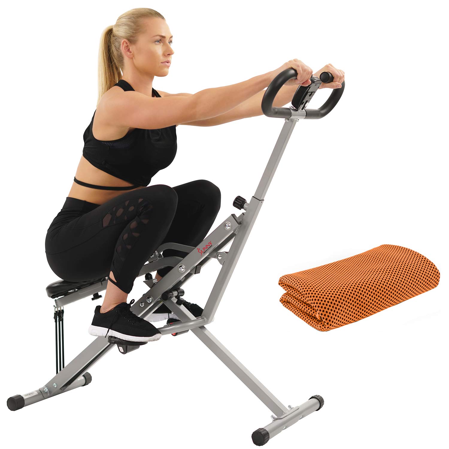 Sunny Health and Fitness Upright Squat Assist Row-N-Ride Trainer for Squat Exercise and Glutes Workout with Workout Cooling Towel