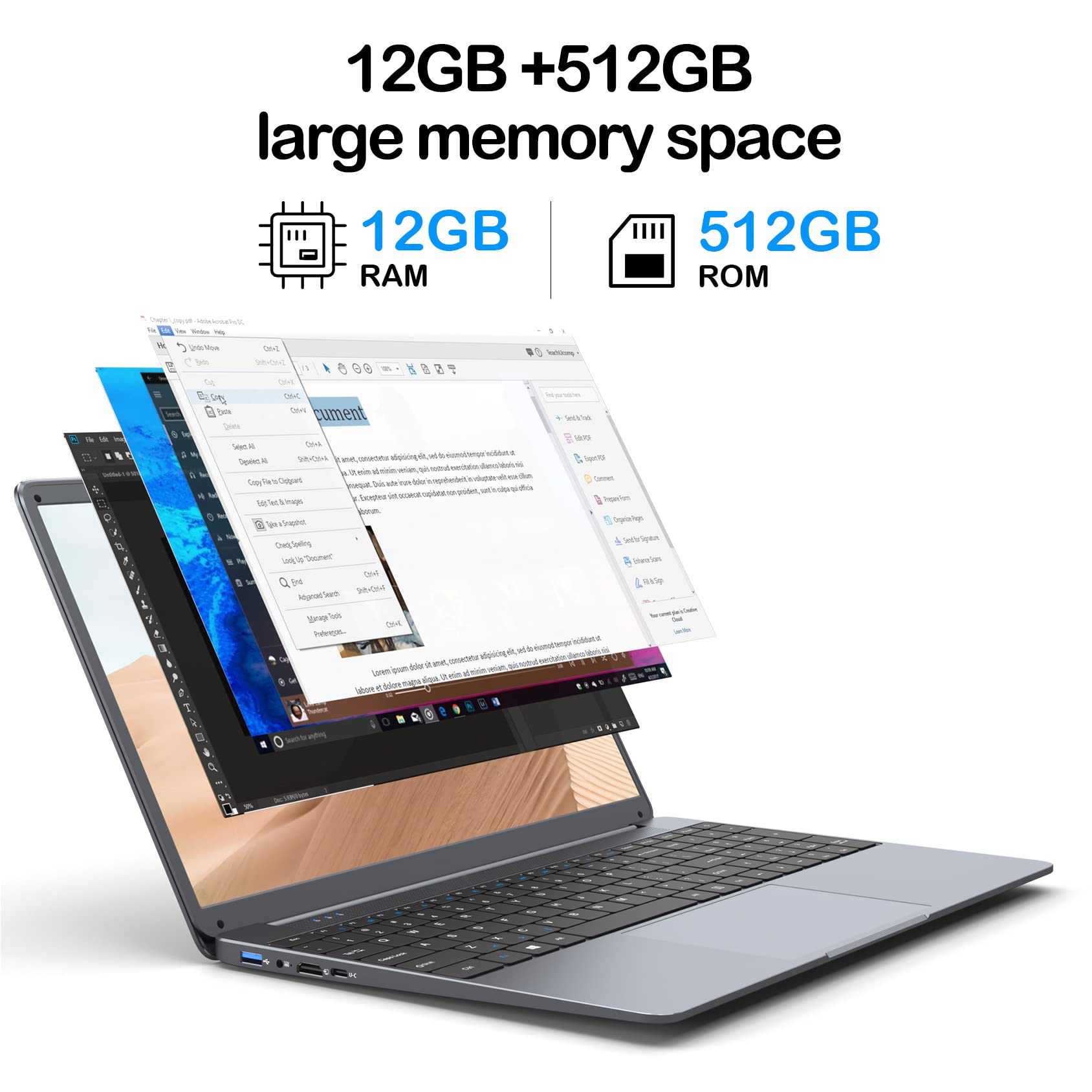 SGIN Laptop with 12GB RAM 512GB SSD, 15.6 Inch IPS FHD Display Laptops Computer, Celeron N5095 Quad Core Processor, 1920 * 1080, Dual Band WIFI, Bluetooth 4.2, Mini HDMI, 512GB TF Card Expansion